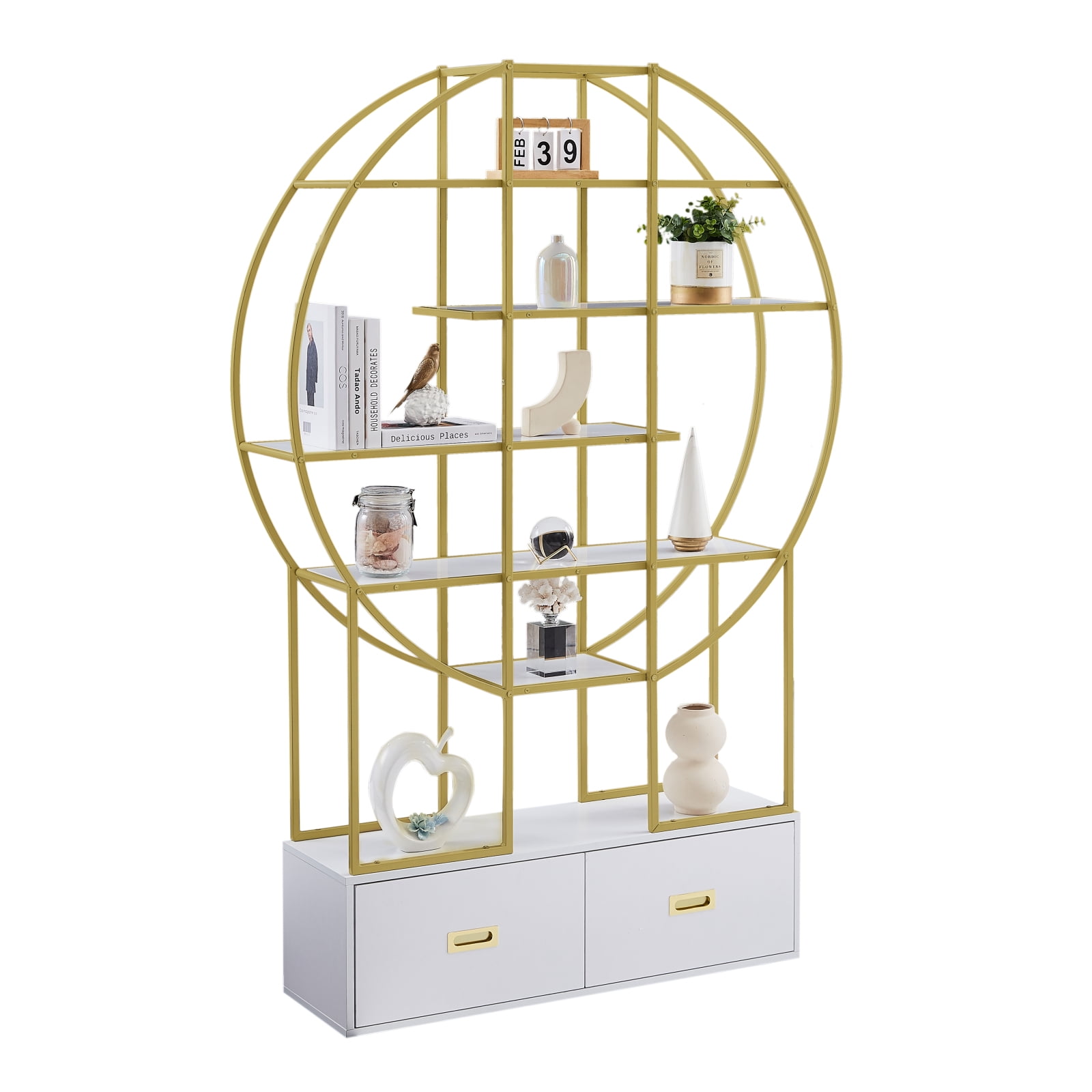 70.8 Inch Round Office Bookcase Bookshelf, Display Shelf, Two Drawers ...