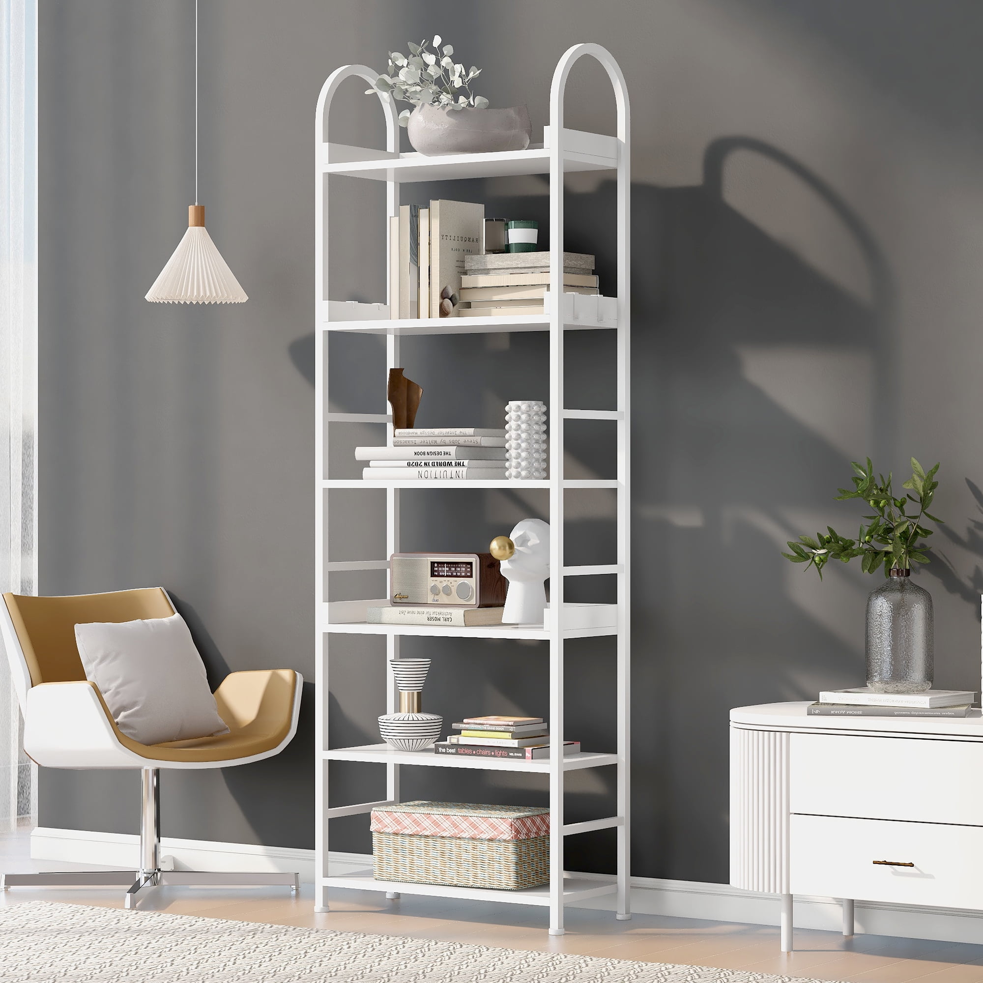 70.8 Inch Tall Bookshelf, 6-tier Bookcase Shelf with Round Top and ...