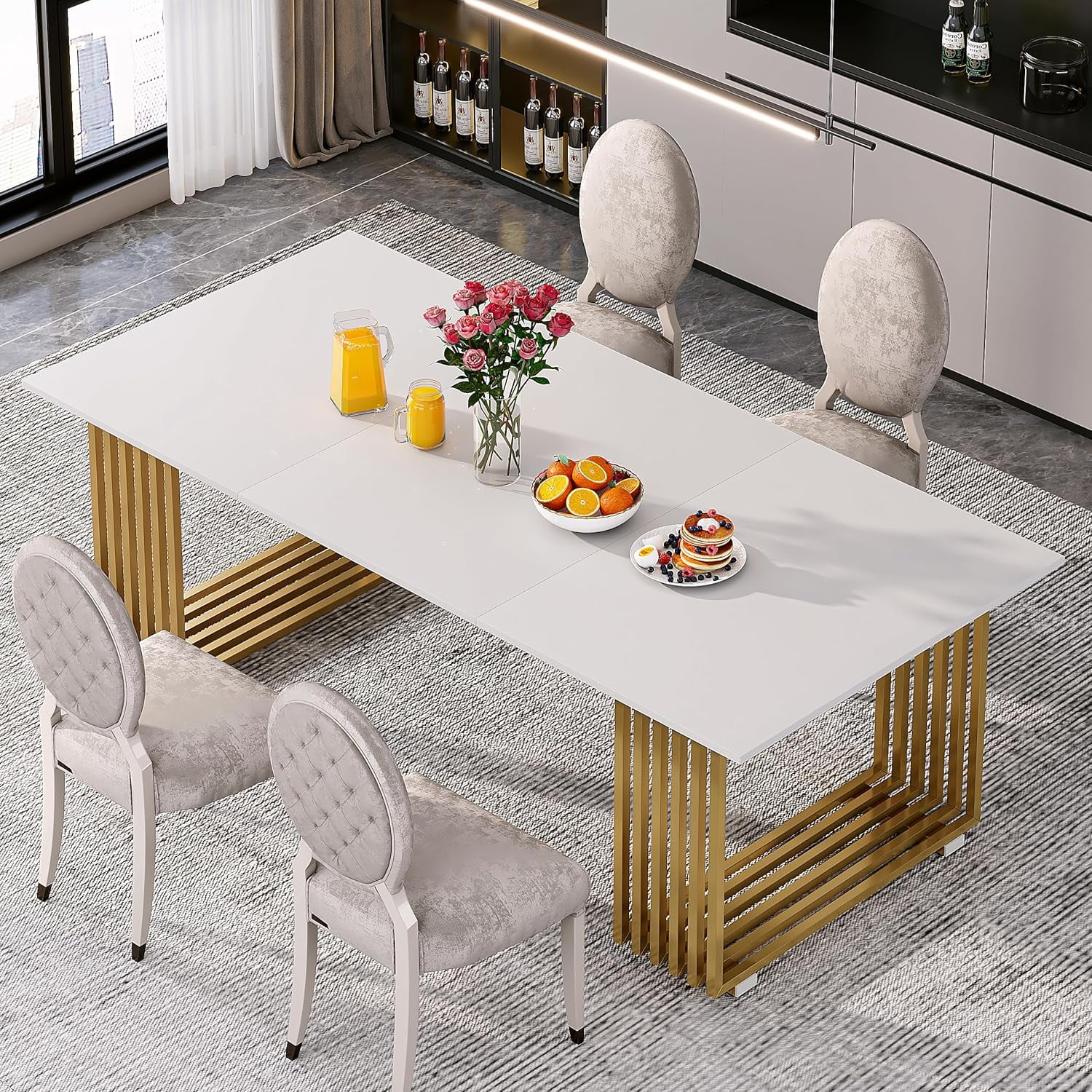 70.8 Inches Modern Dining Table for 4-8, White Gold Long Kitchen Table ...