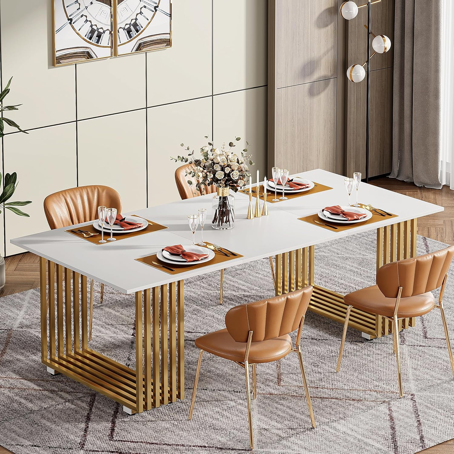 70.8 Inches Modern Dining Table for 4-8, White Gold Long Kitchen Table ...