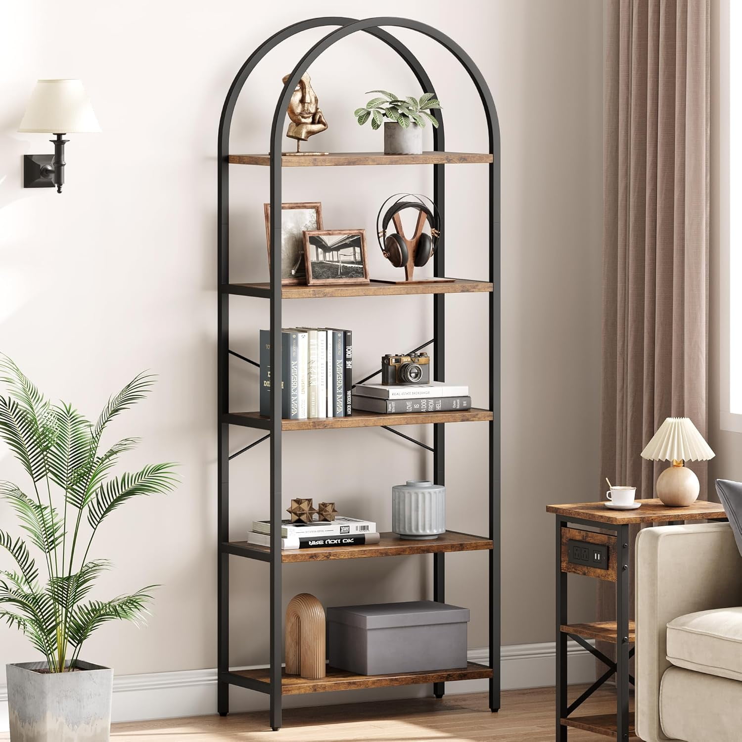 70.8" Industrial Farmhouse Bookshelf, 5-Tier Arched Bookcase with Metal ...