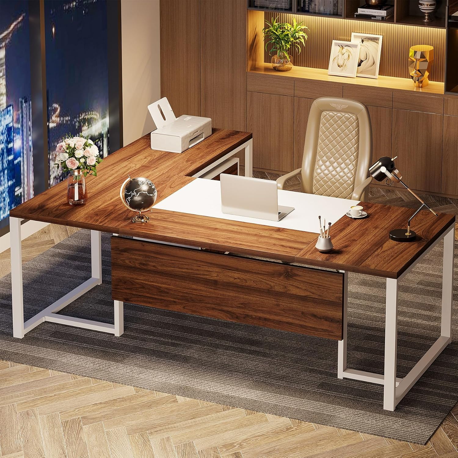 70.8" L-Shaped Executive Desk with Drawer Cabinet, Large Executive ...