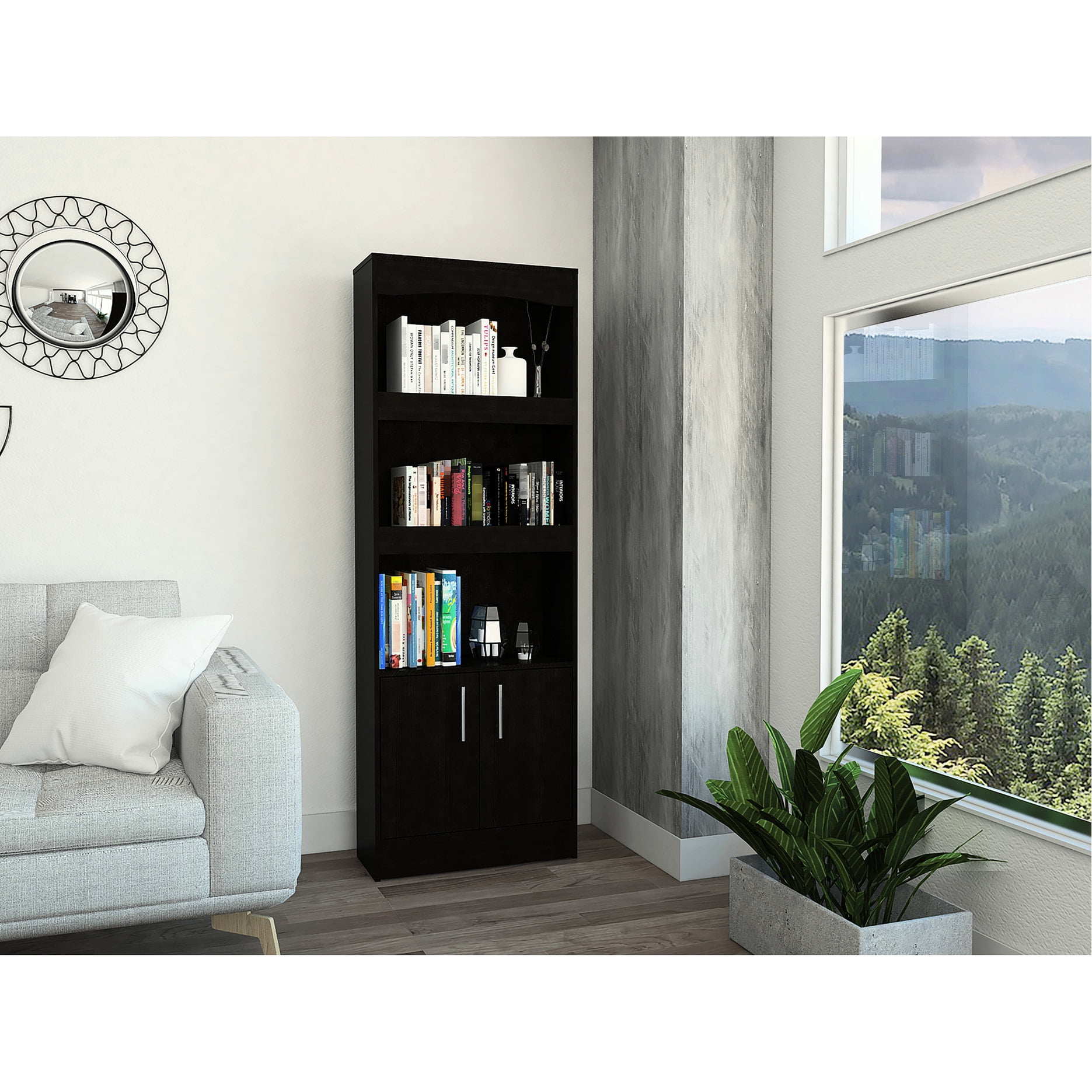 70.8 - inch tall black bookcase with three shelves and double doors for ...