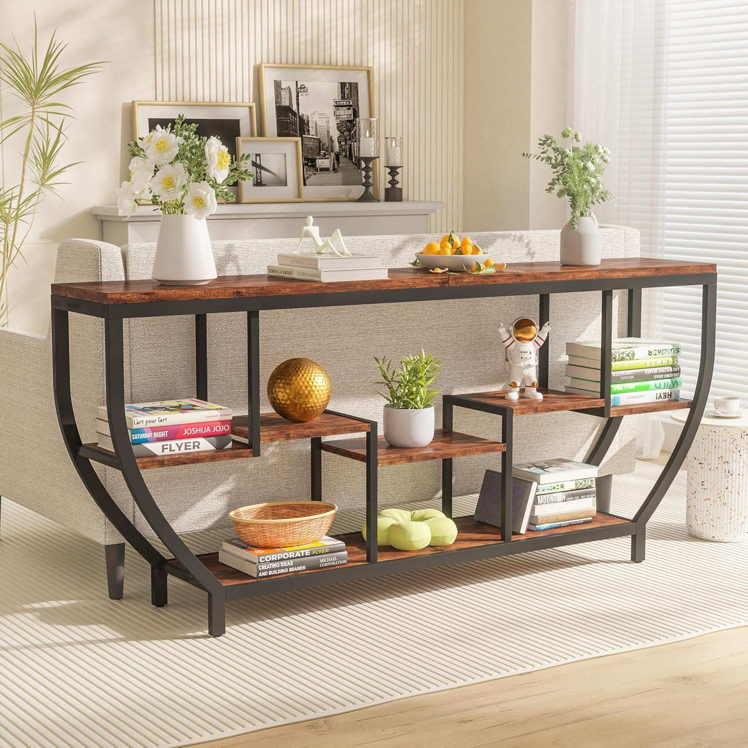 70.86" Extra Long Console Table Sofa Table & Storage Shelves Entryway ...