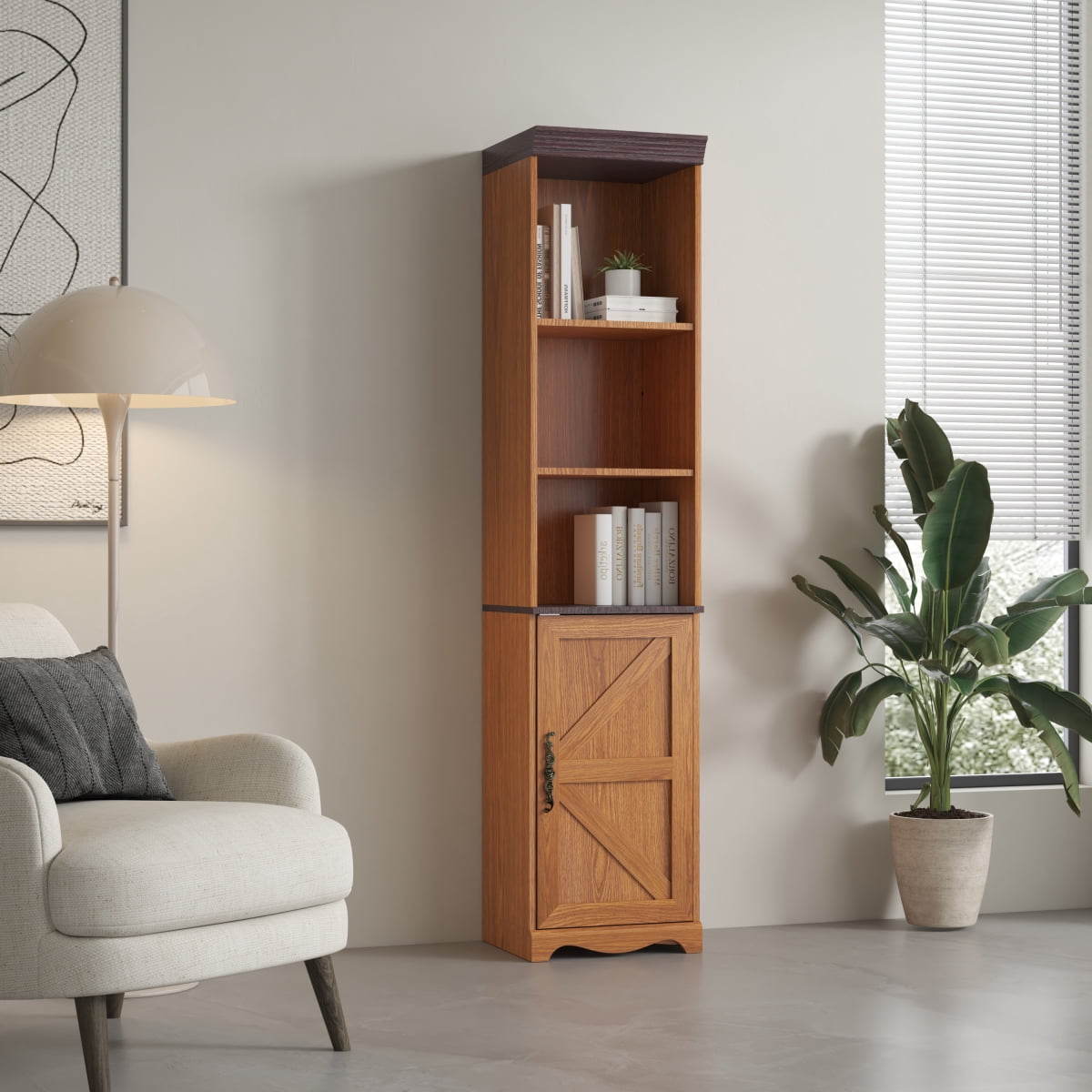 70.86" Tall Narrow Storage Cabinet, 5-Tier MDF Bookcase with Door, Free ...