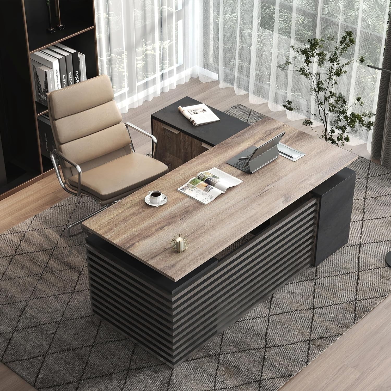 70.87" Adjustable Heigh L Shaped Executive Desk with Drawers Cabinets ...