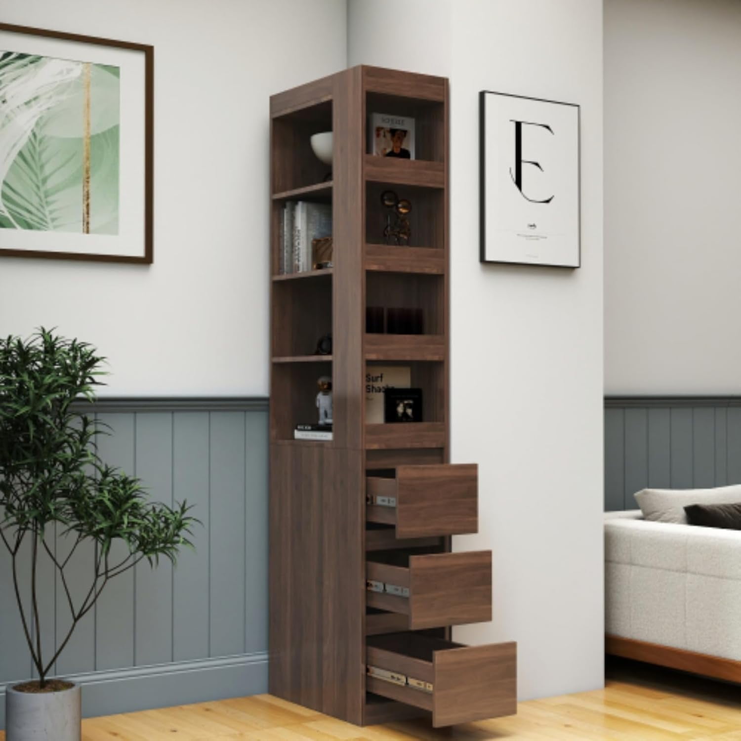 70.87" Display Storage Cabinet - Walnut Modern Tall Bookshelf with 4 ...