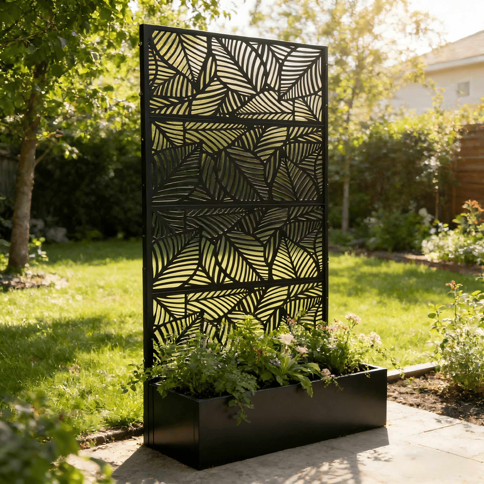 70.87" H × 46.06" W Leaf Pattern Privacy Screen with Planter Box, Black ...