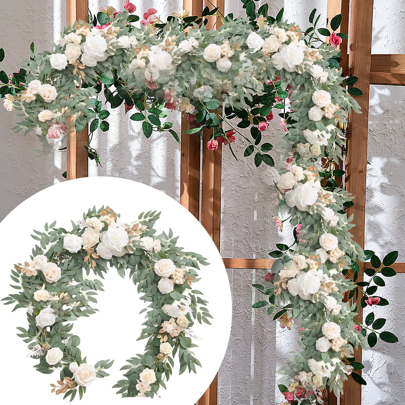 70.87 Inch Green Leaf Garland with Flower, Faux Floral Vine Garland ...