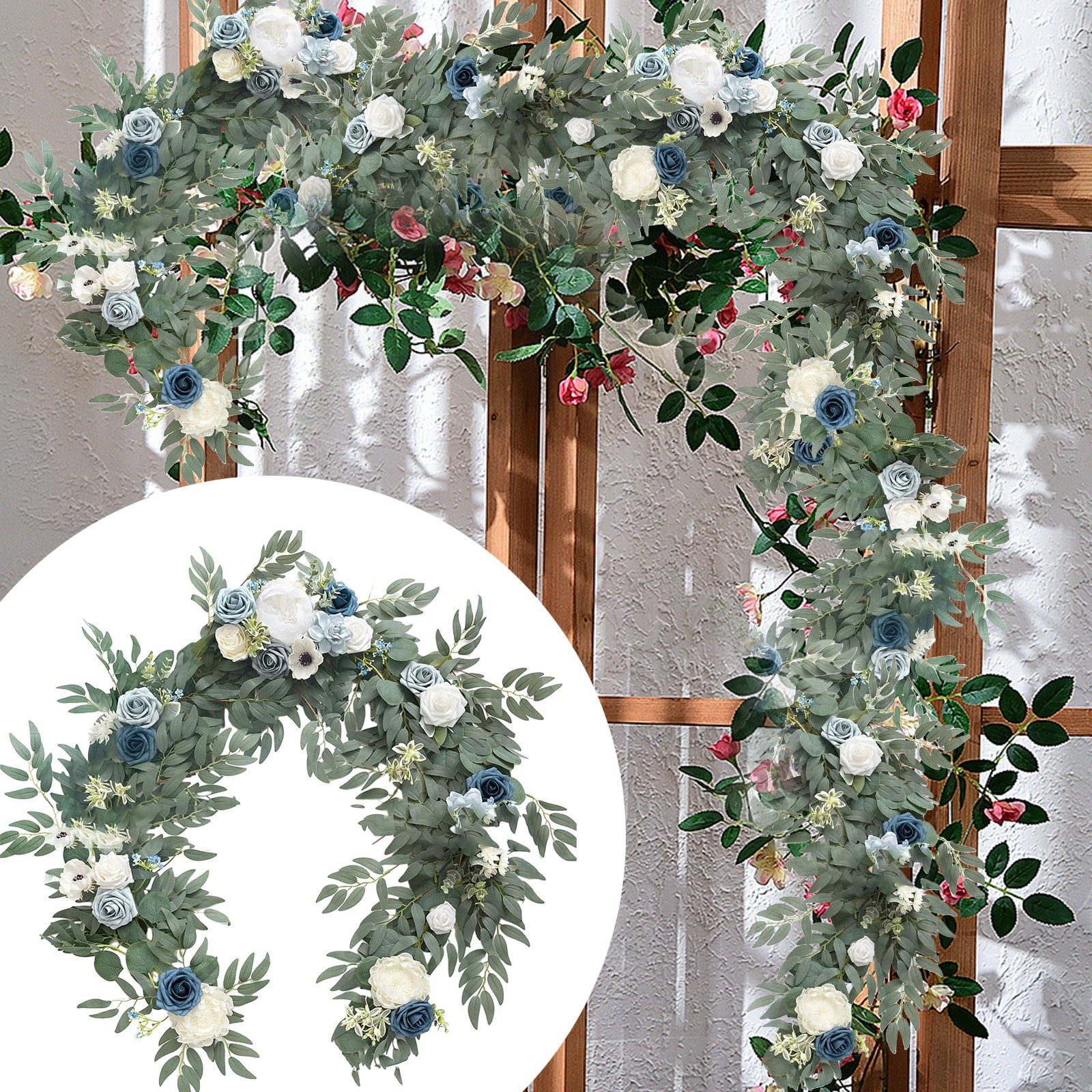 70.87 Inch Green Leaf Garland with Flower, Faux Floral Vine Garland ...