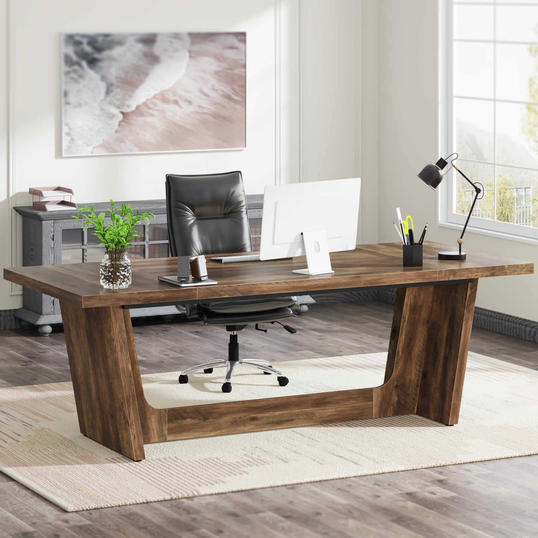 70.87 Inch Large Executive Office Desk with Solid Wood Pedestal ...