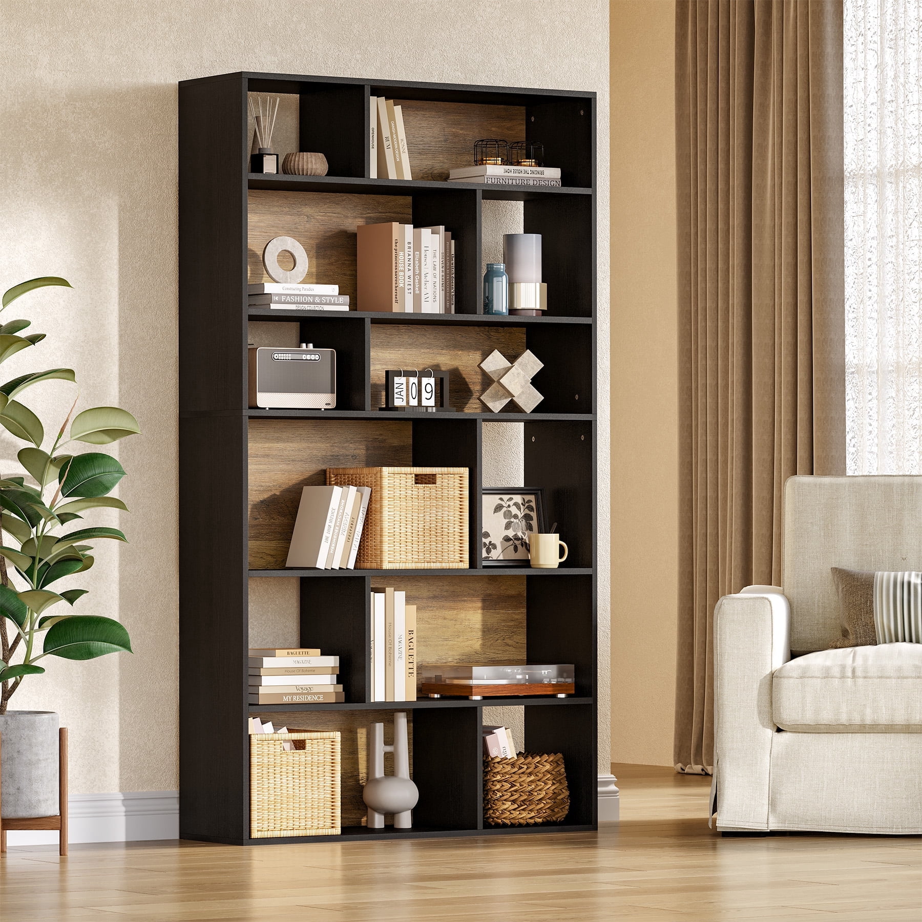 Finmind 70.87-Inch Tall Bookcase, Farmhouse 6-Tier Staggered Bookshelf ...