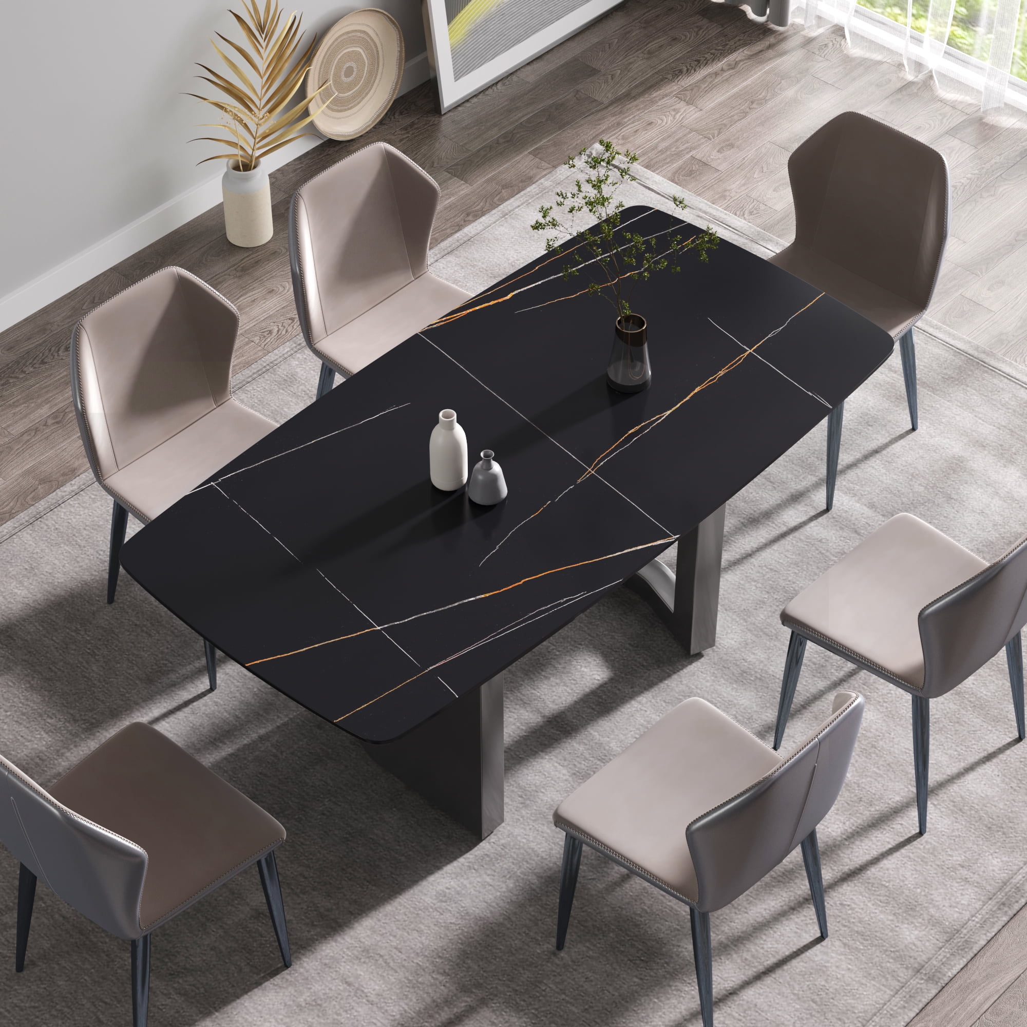 70.87" Modern Black Curved Dining Table, Seats 6-8, Artificial Stone ...
