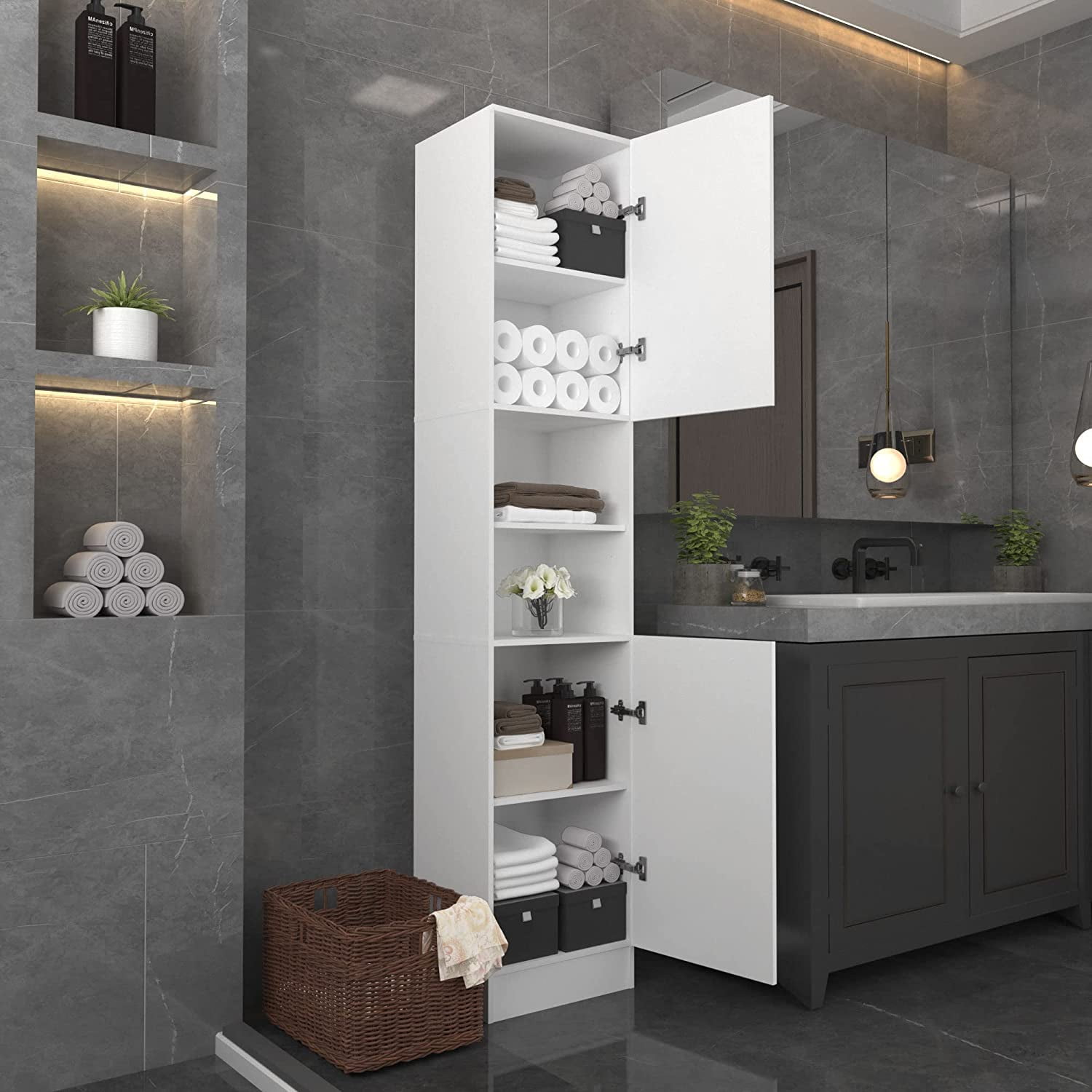 70.87" Tall Bathroom Storage Cabinet, Narrow Linen Tower Cabinet with 2 ...