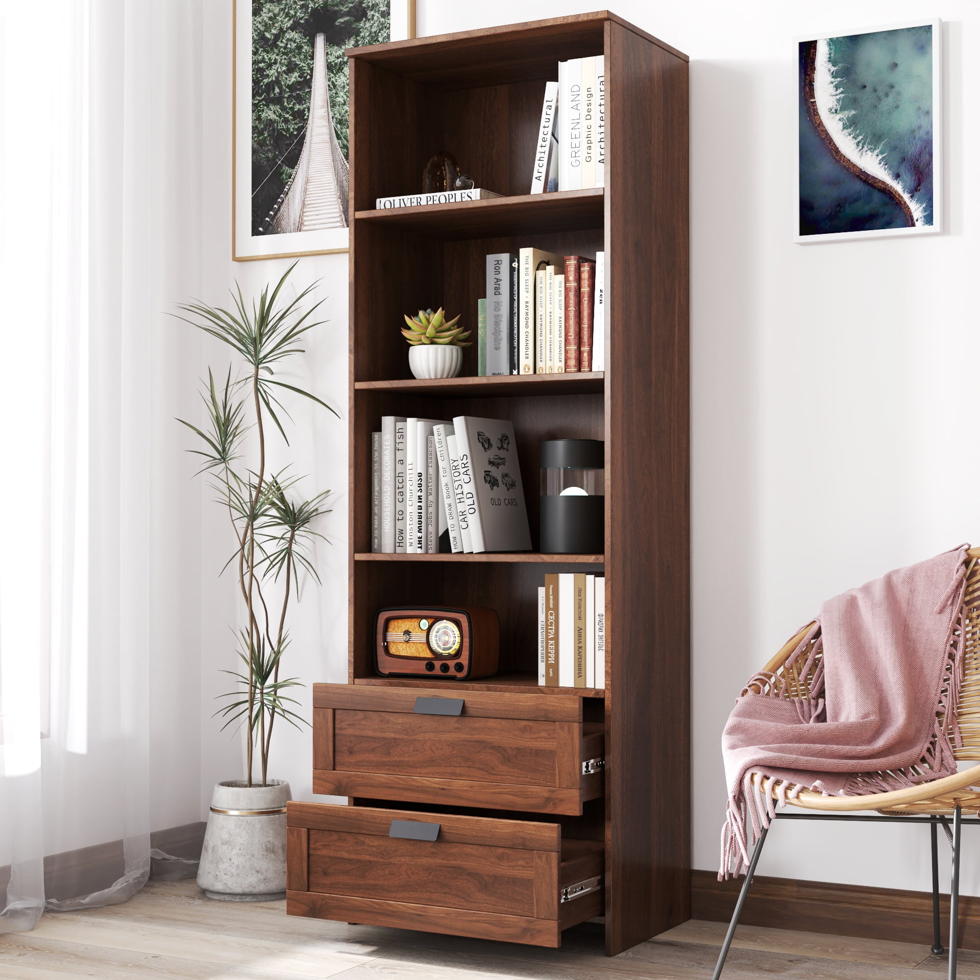 70.87 Tall Bookshelf with Drawers, 4-Tier Modern Bookcase with ...