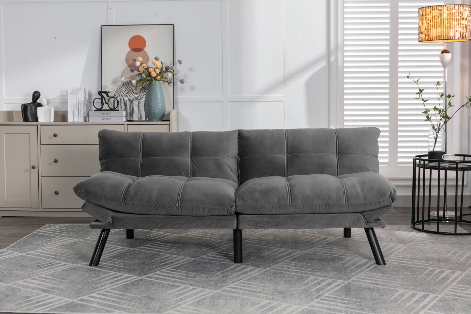 Light Gray Velvet Futon Sofa Bed, 2-Seater, Adjustable Backrest and ...