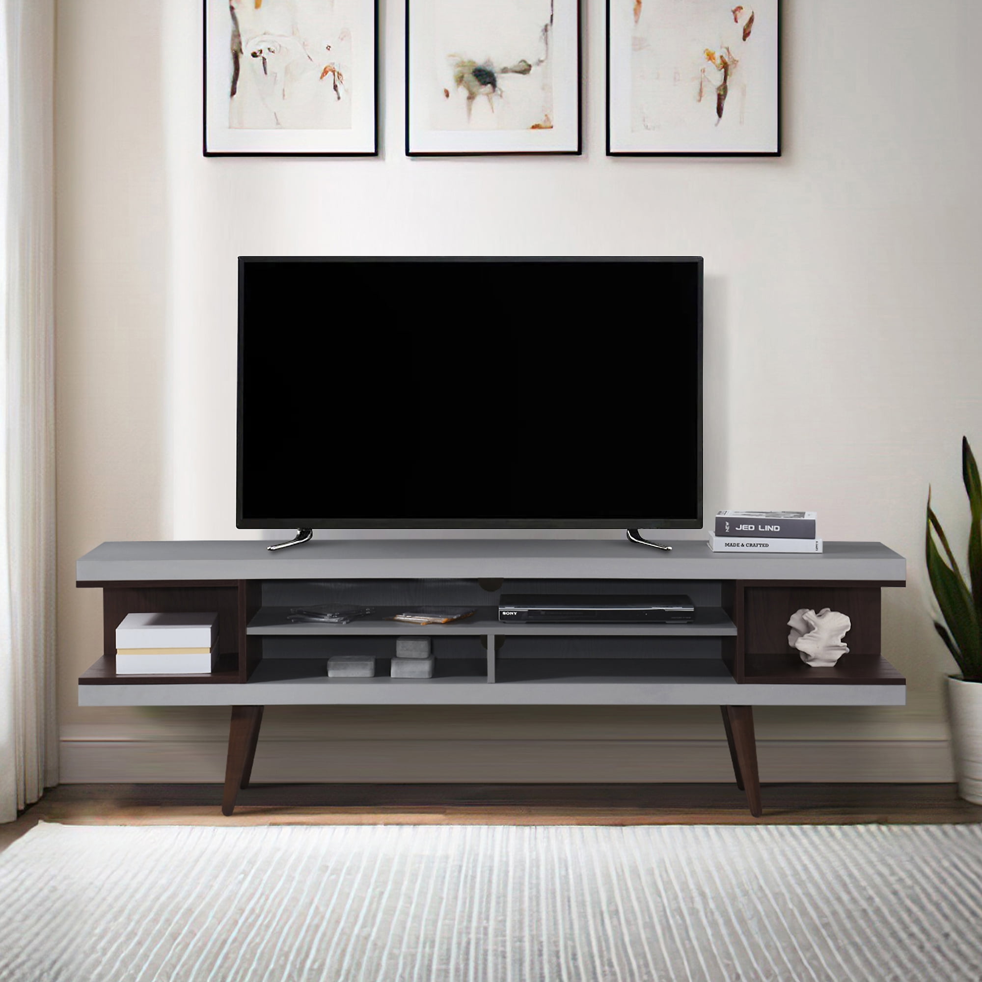 70.87 in. Grey Wood TV Stand with 5 Storage Shelves Fits TV's up to 75 ...