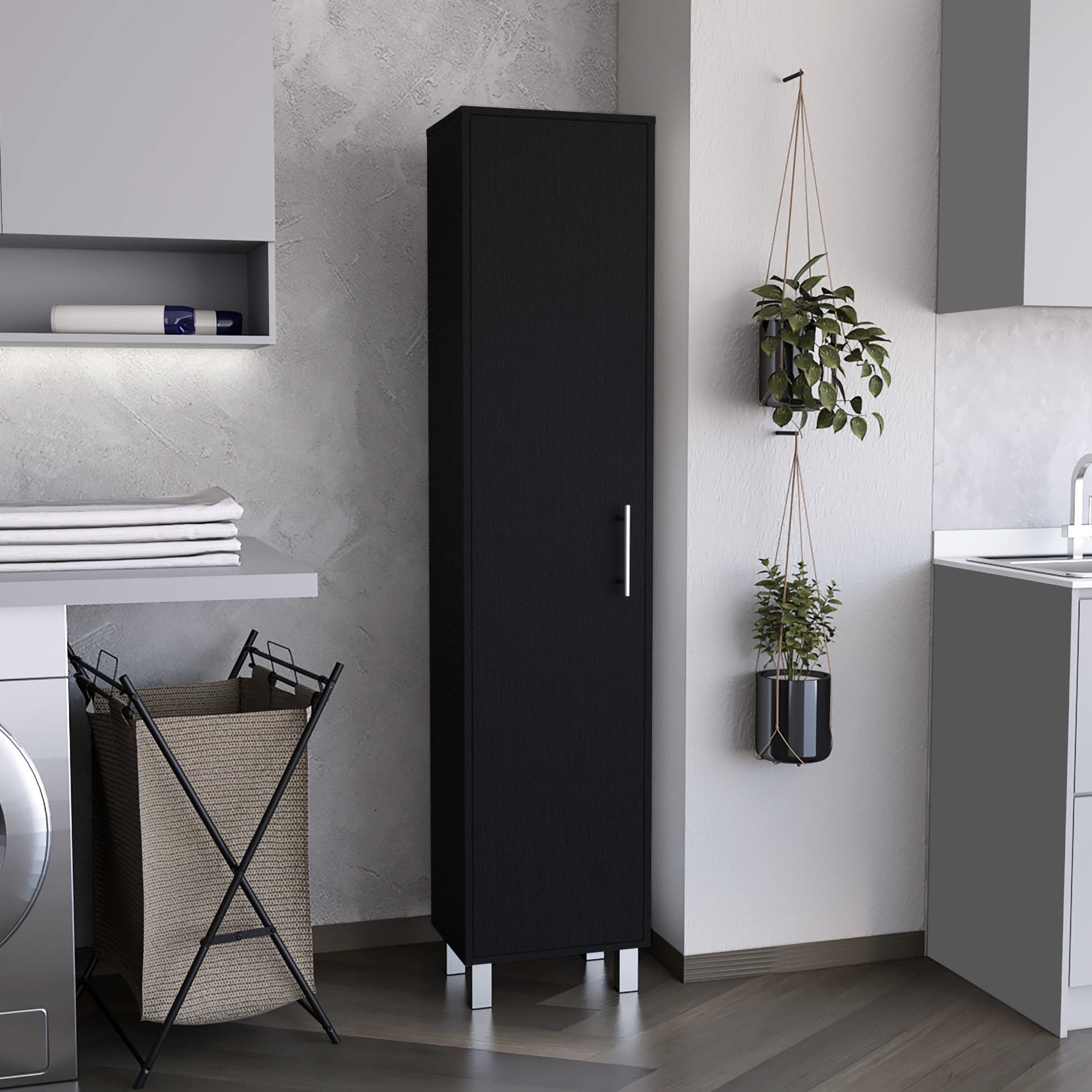 70.8in Tall Particle Board Cabinet with Broom Hanger and Shelves / Tidy ...