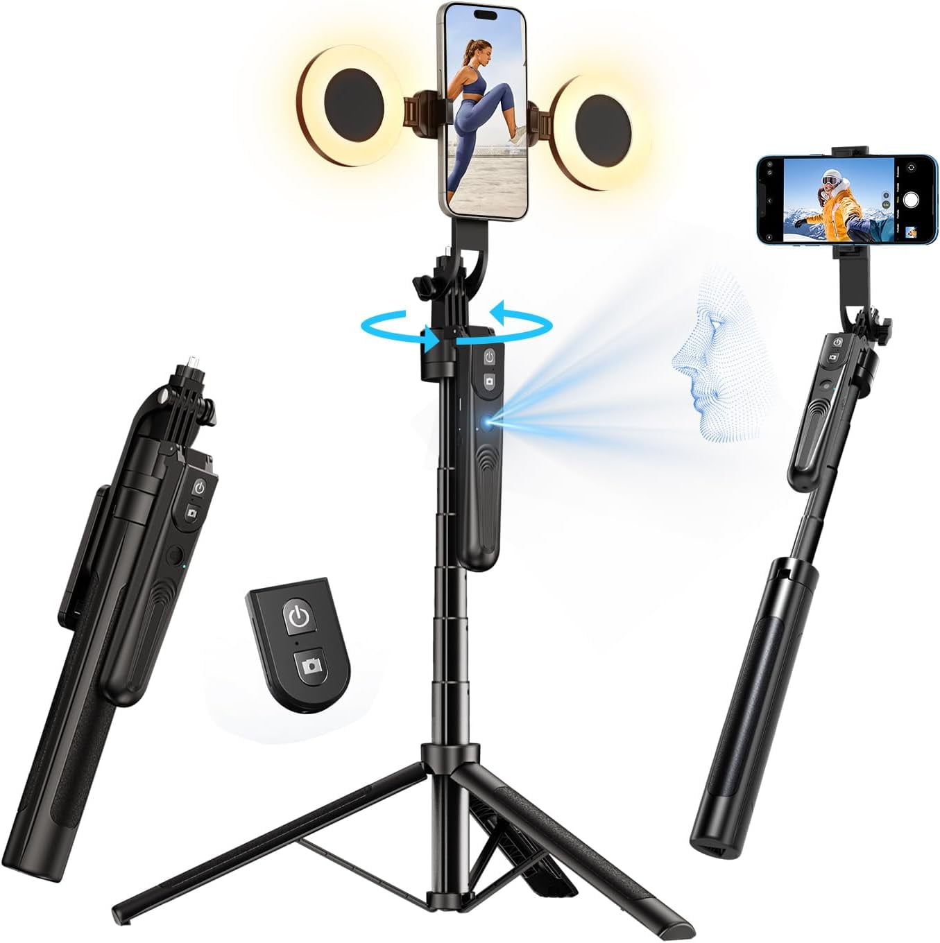 70.9" Auto Face Tracking Selfie Stick Tripod for iPhone with Light, No ...