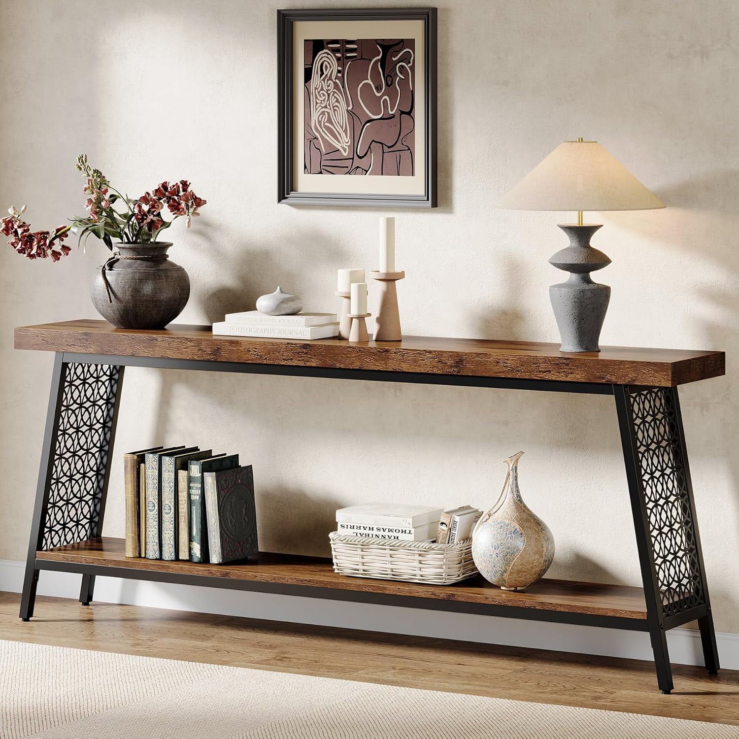 70.9" Extra Long Console Table, 2-Tier Sofa Table with Storage ...
