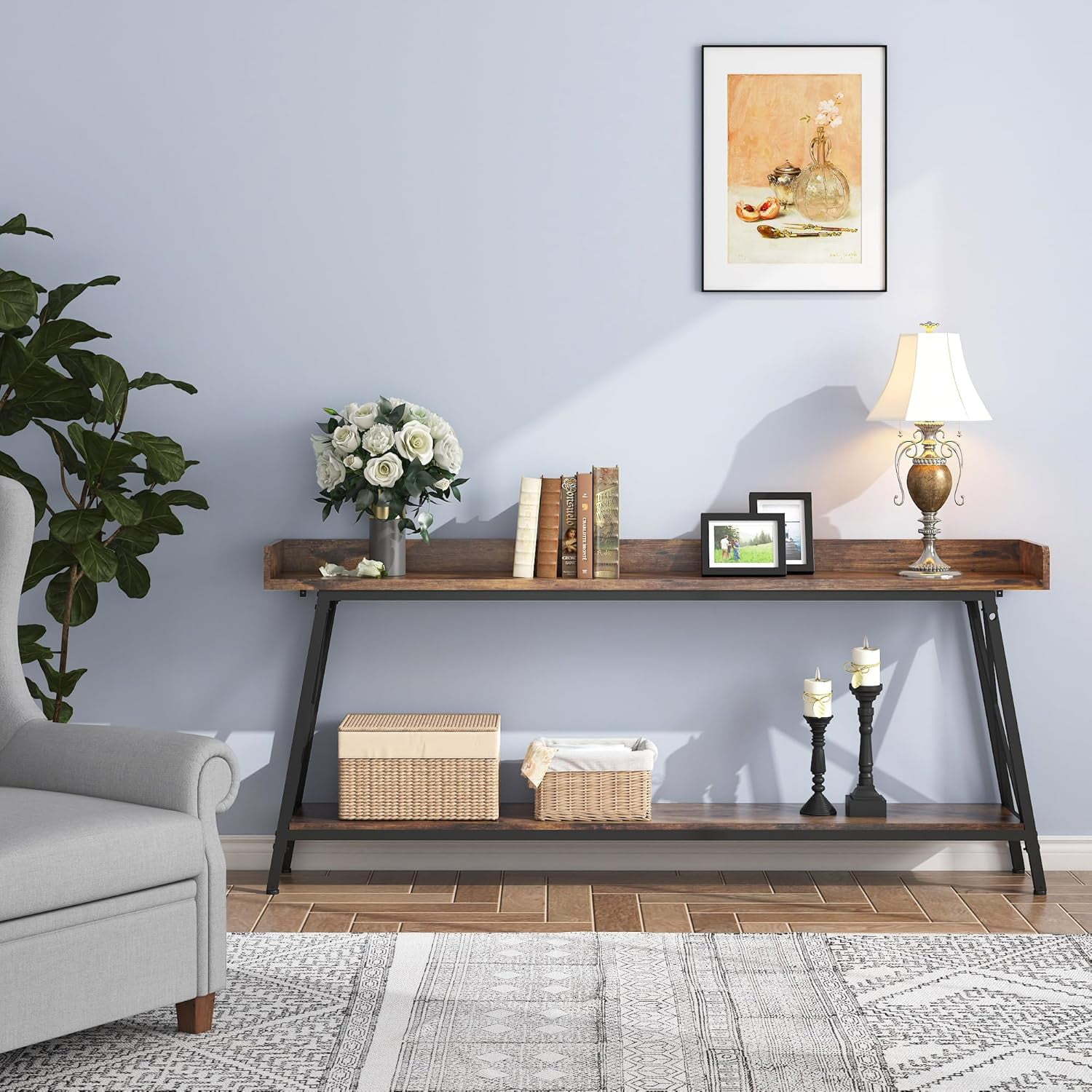 70.9” Extra Long Console Table with Storage Shelf, Industrial Sofa ...