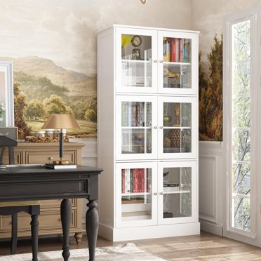 OXYLIFE Bookcase Display Cabinet with Lights, Pop-up Glass Doors, 2 ...