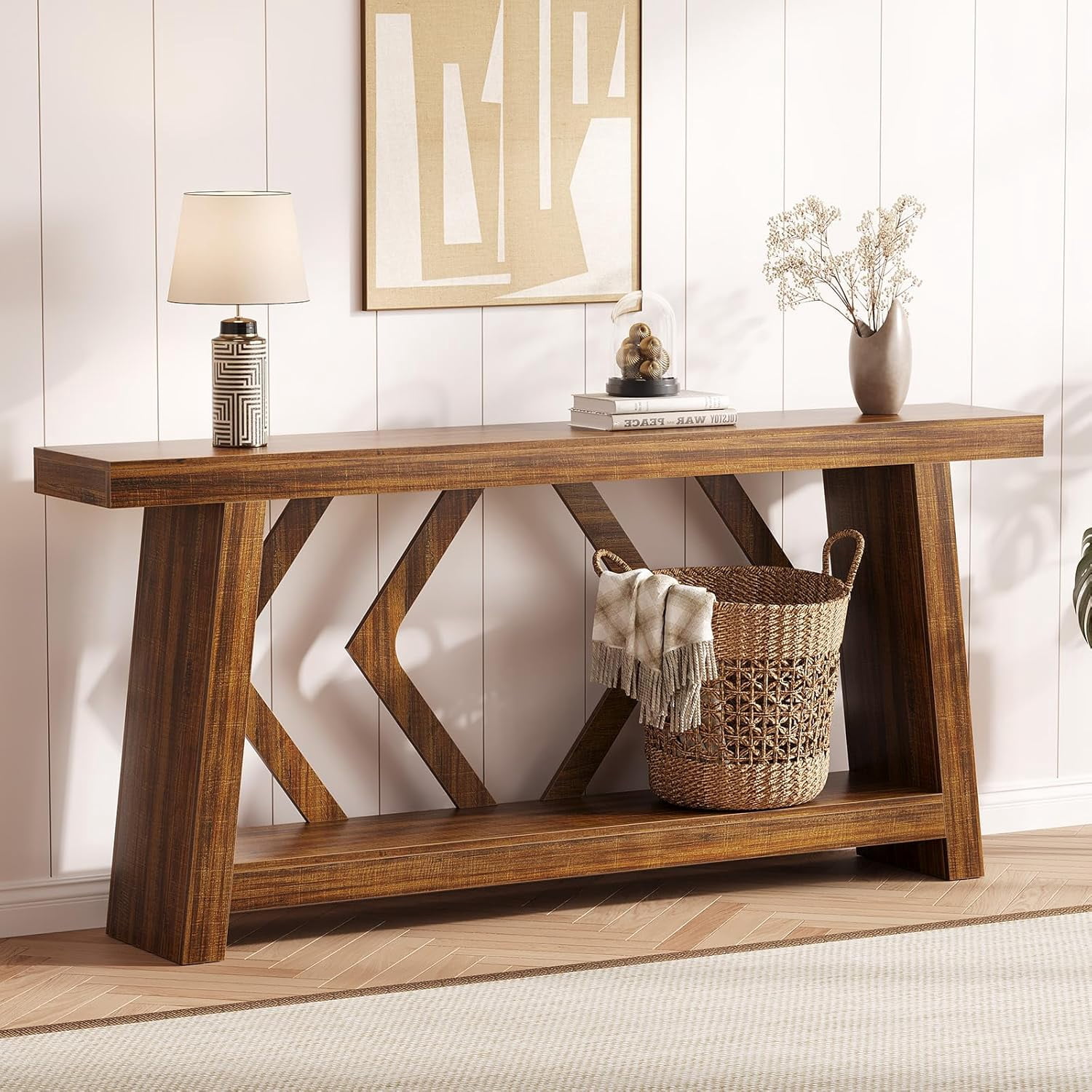 70.9 In All-Wood Console Table with Trapezoid Leg 2-Tier Extra Long ...