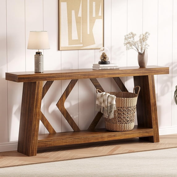 70.9 In All-Wood Console Table with Trapezoid Leg 2-Tier Extra Long ...