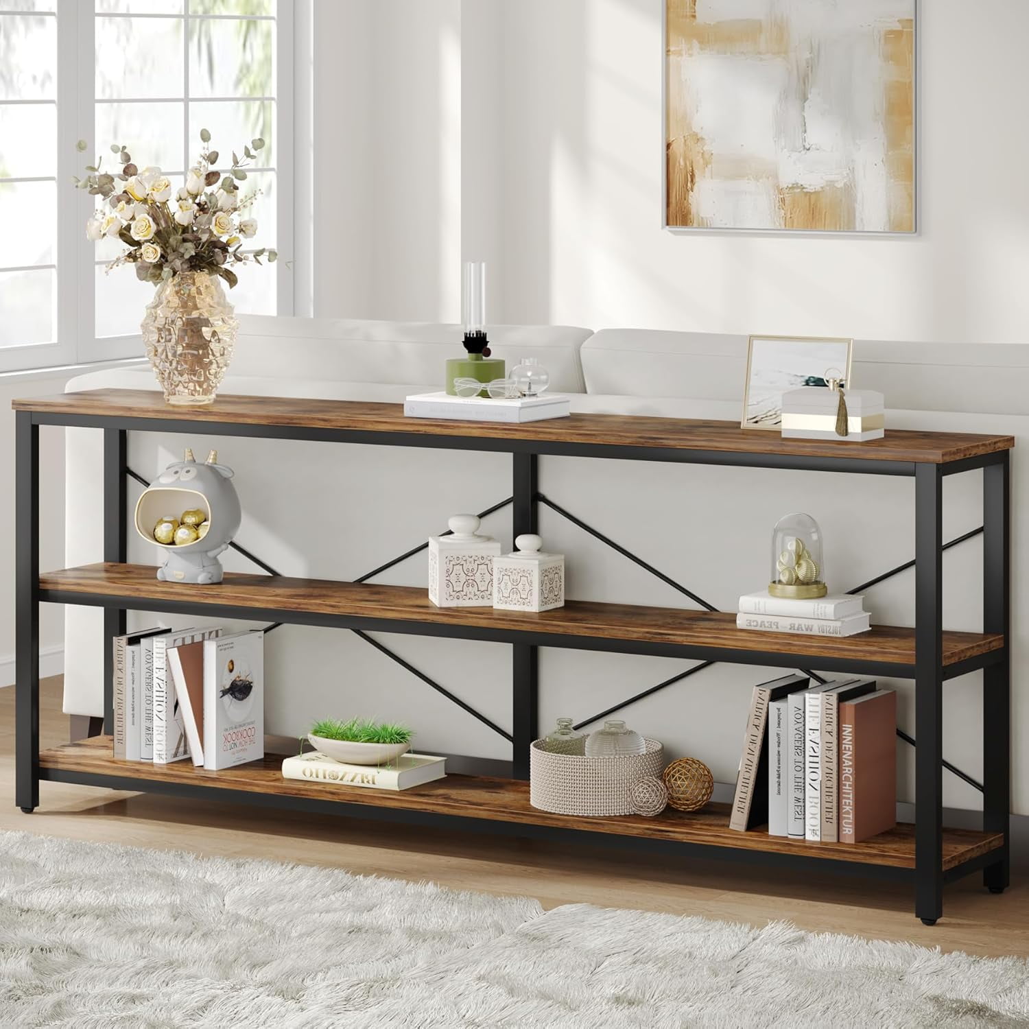 70.9-Inch Console 3-Tier Sofa with Metal Frame Behind Couch with ...