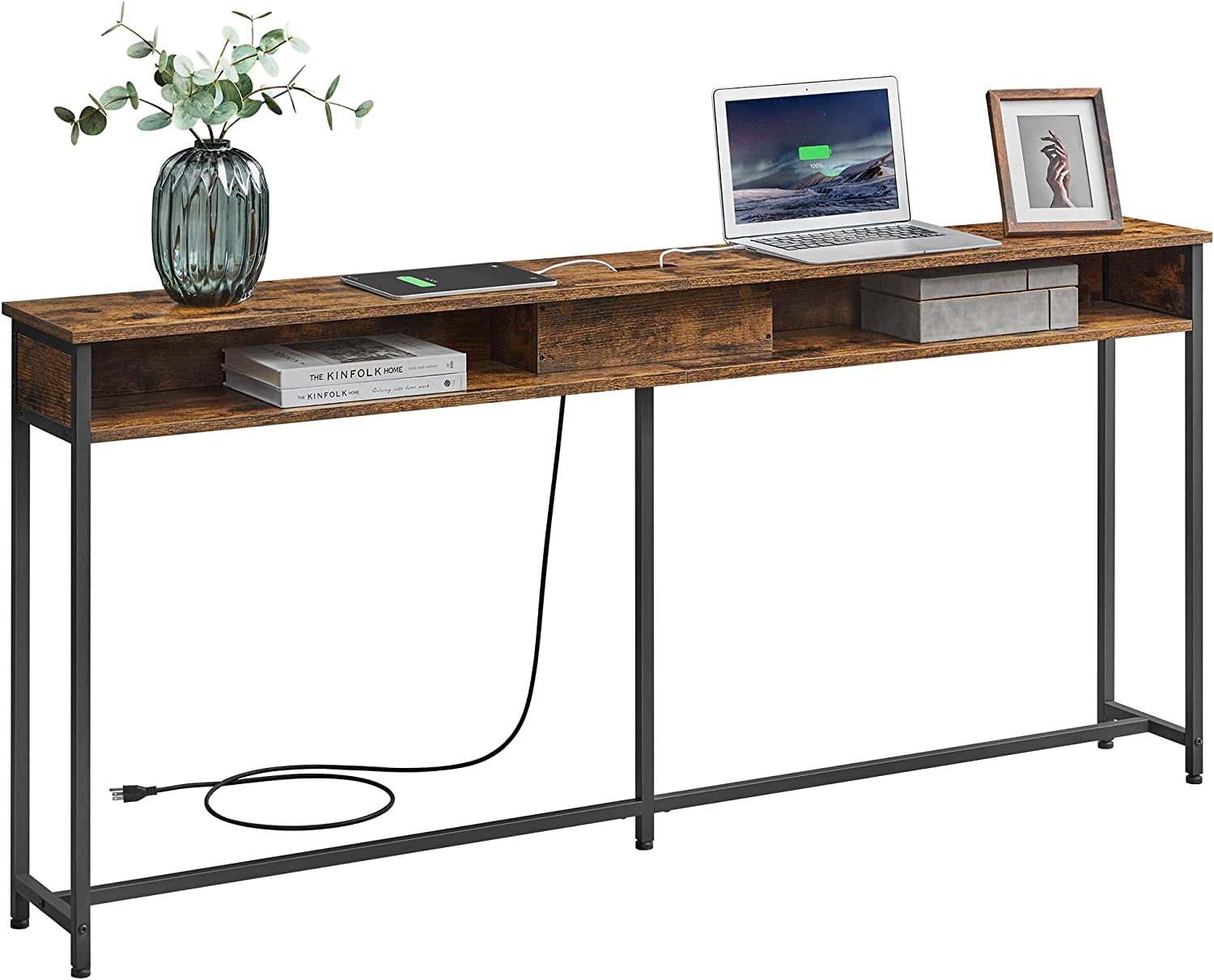 70.9-Inch Console Table with Outlet and Shelves, Sofa Table with ...