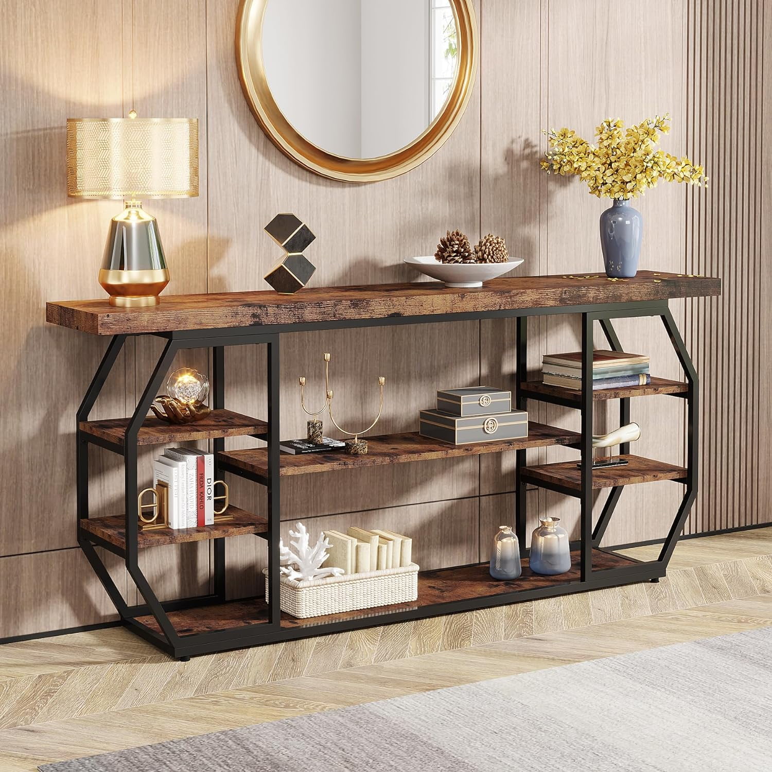70.9 Inch Console Table, Industrial Sofa Table with Storage Shelves ...