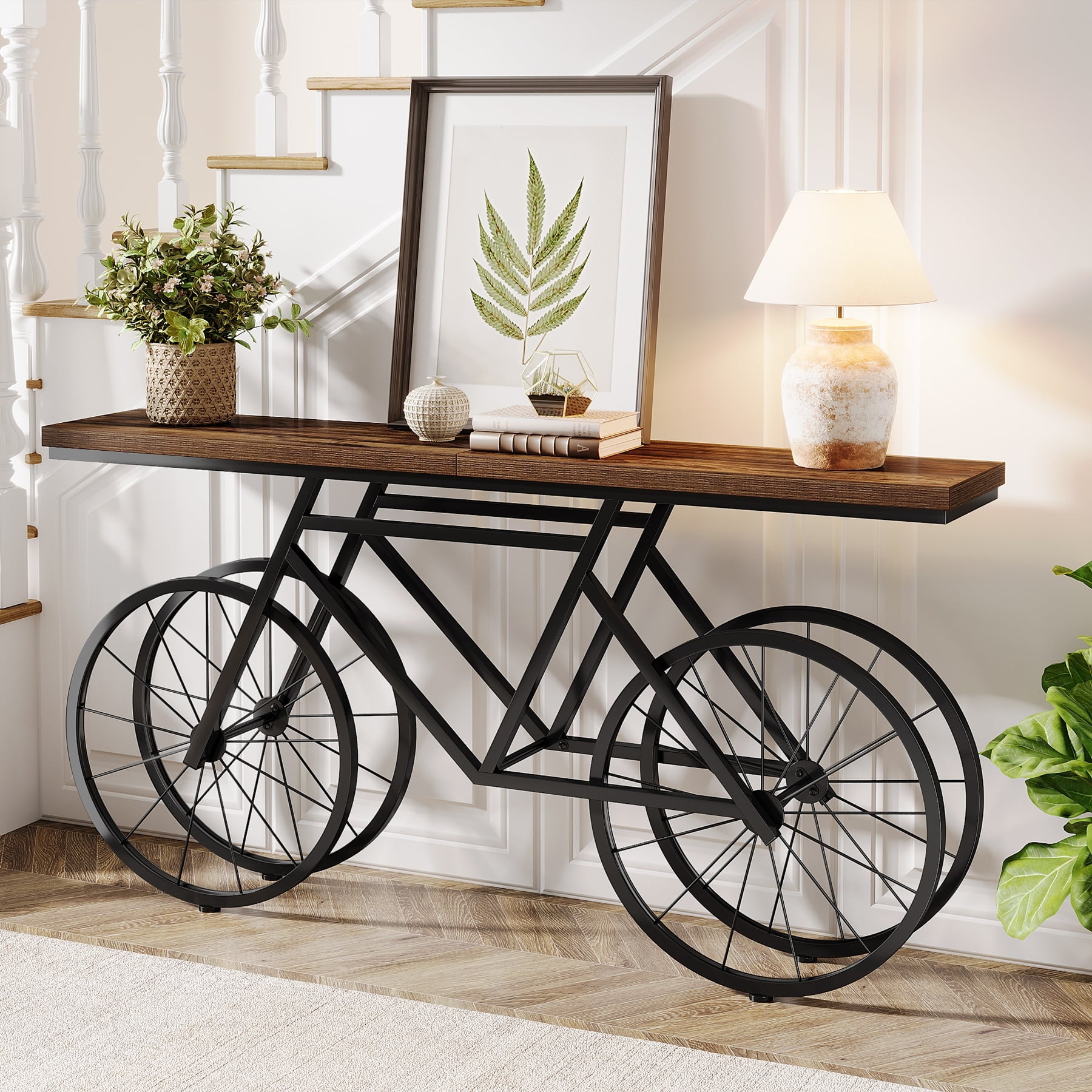 70.9-Inch Extra Long Console Table with Bicycle Metal Base Brown ...