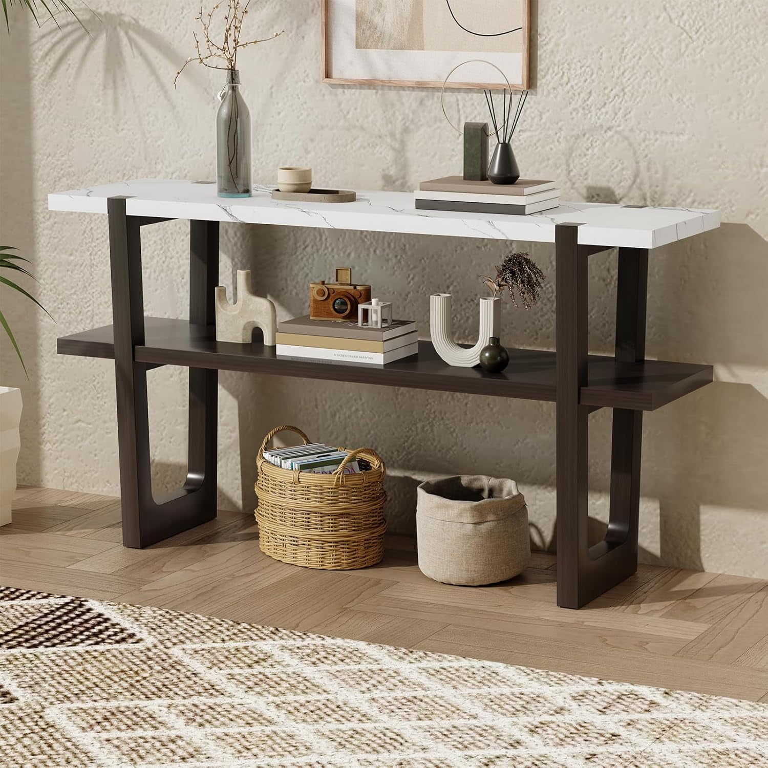 70.9-Inch Extra Long Farmhouse Console Table, 2-Tier Wooden Entryway ...