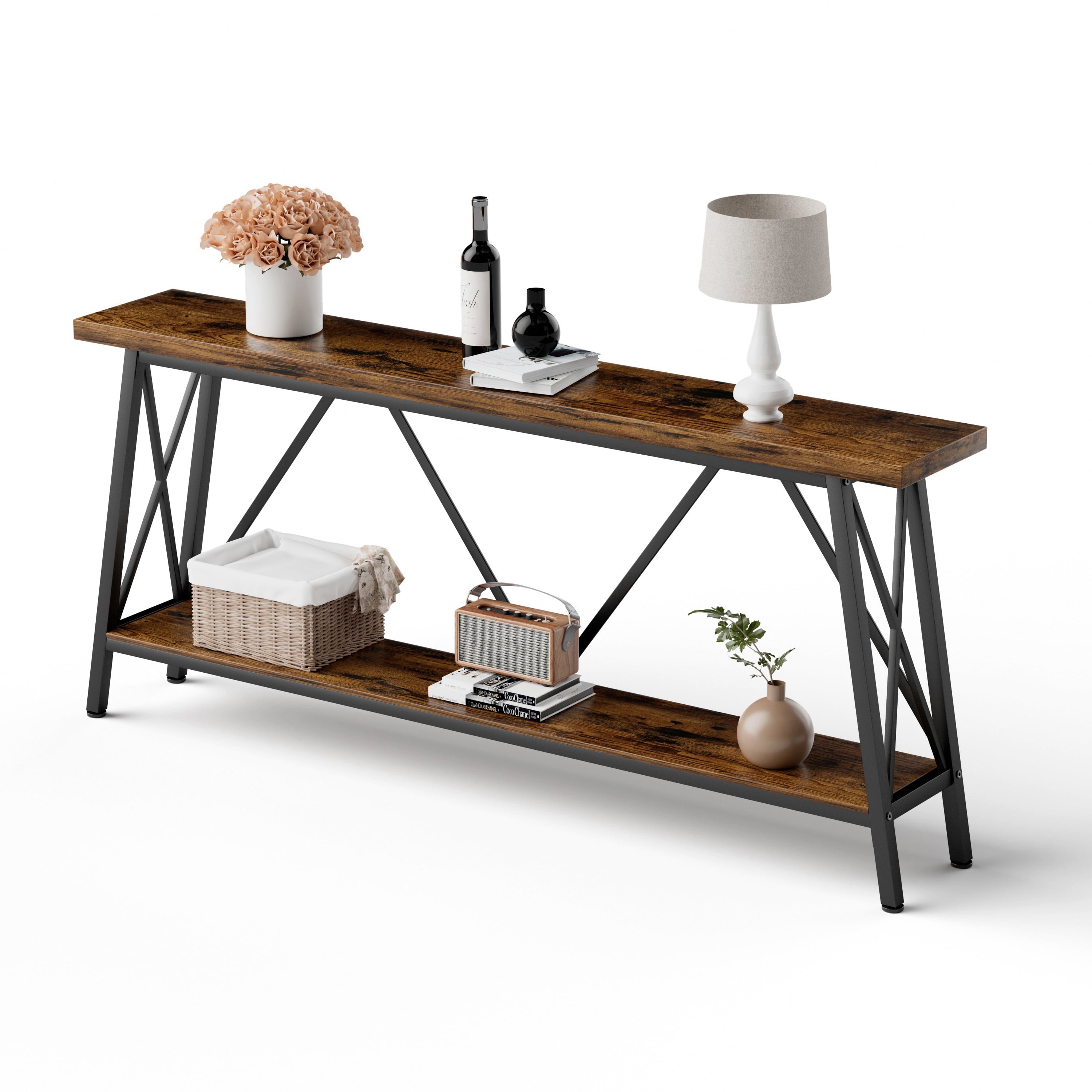 70.9 Inch Extra Long Sofa Table, Console Behind Sofa, Entryway Table with 2 Tier Storage Shelves ...