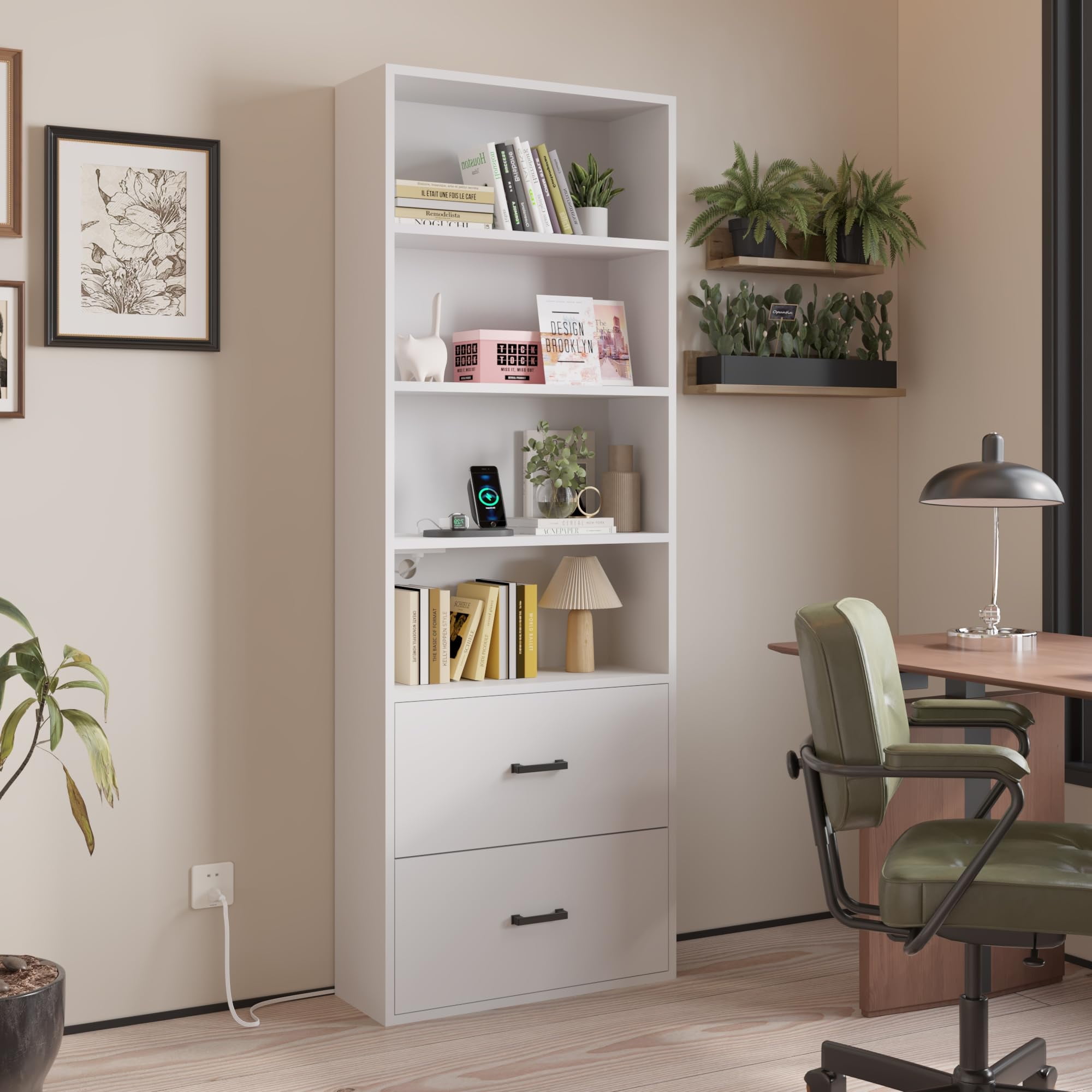 70.9 Inch Home Office Bookcase with USB and AC Outlets, 4 Customizable ...