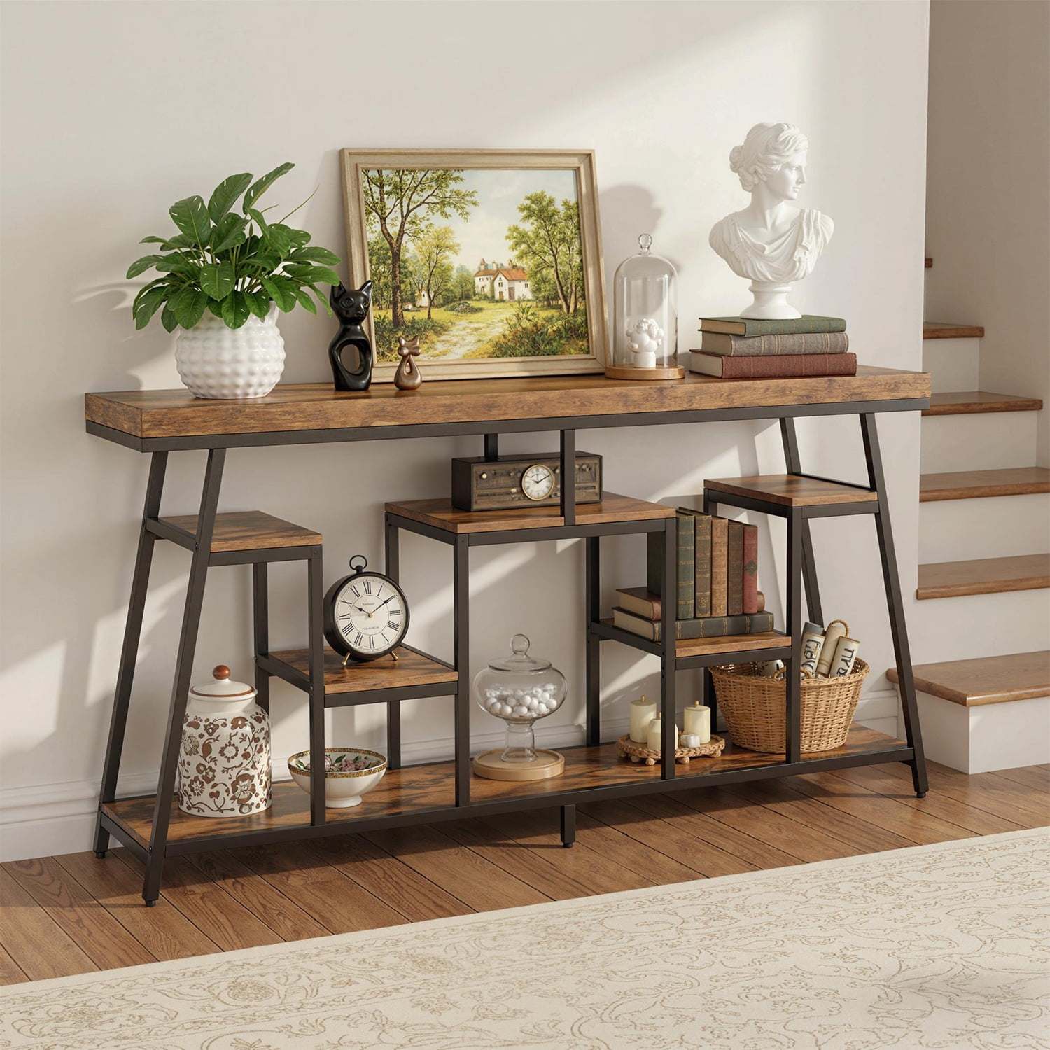 70.9-Inch Industrial Console Table With Multiple Staggered Shelves ...