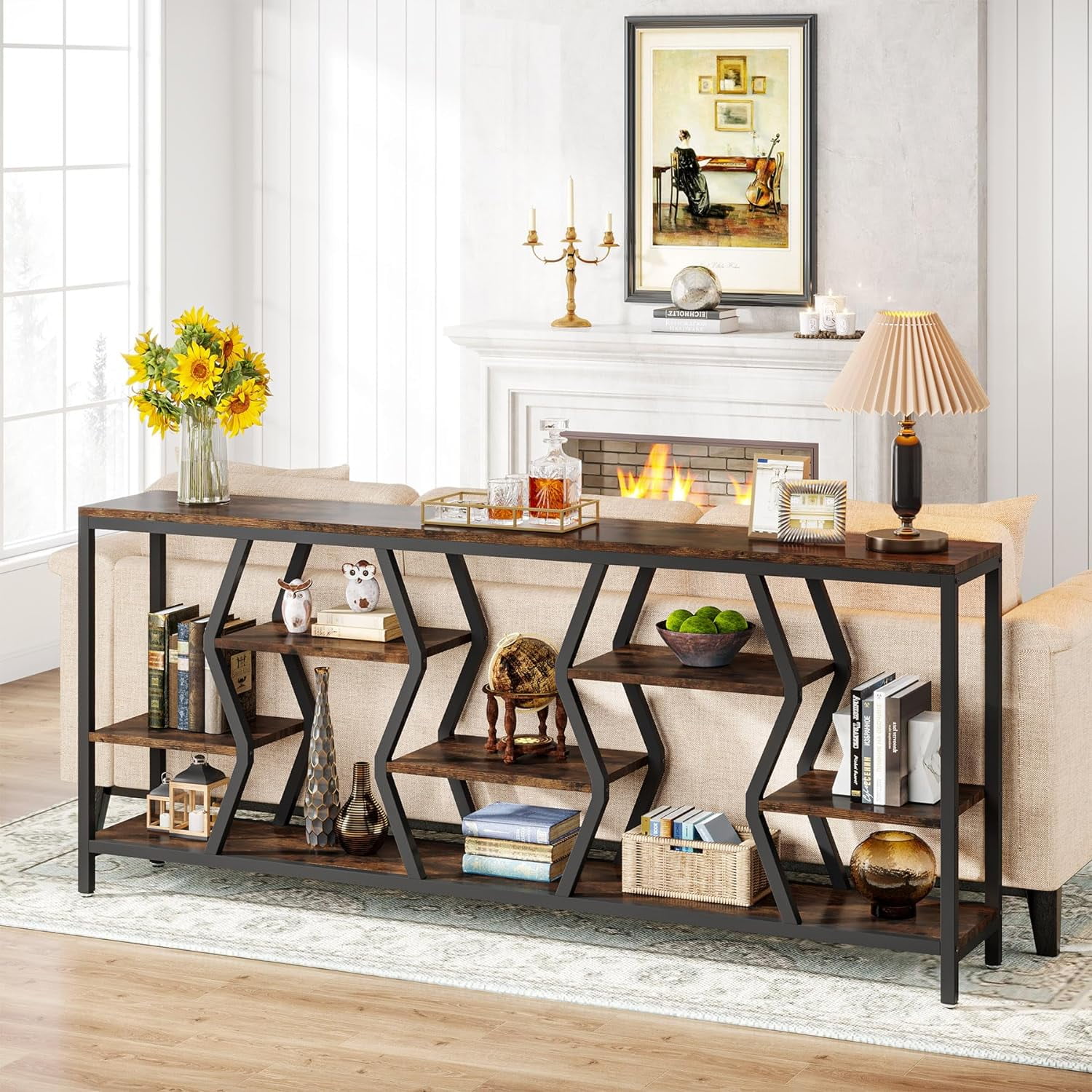 70.9 Inches Sofa Console Table with 4 Tier Wood Storage Shelves, Indual ...