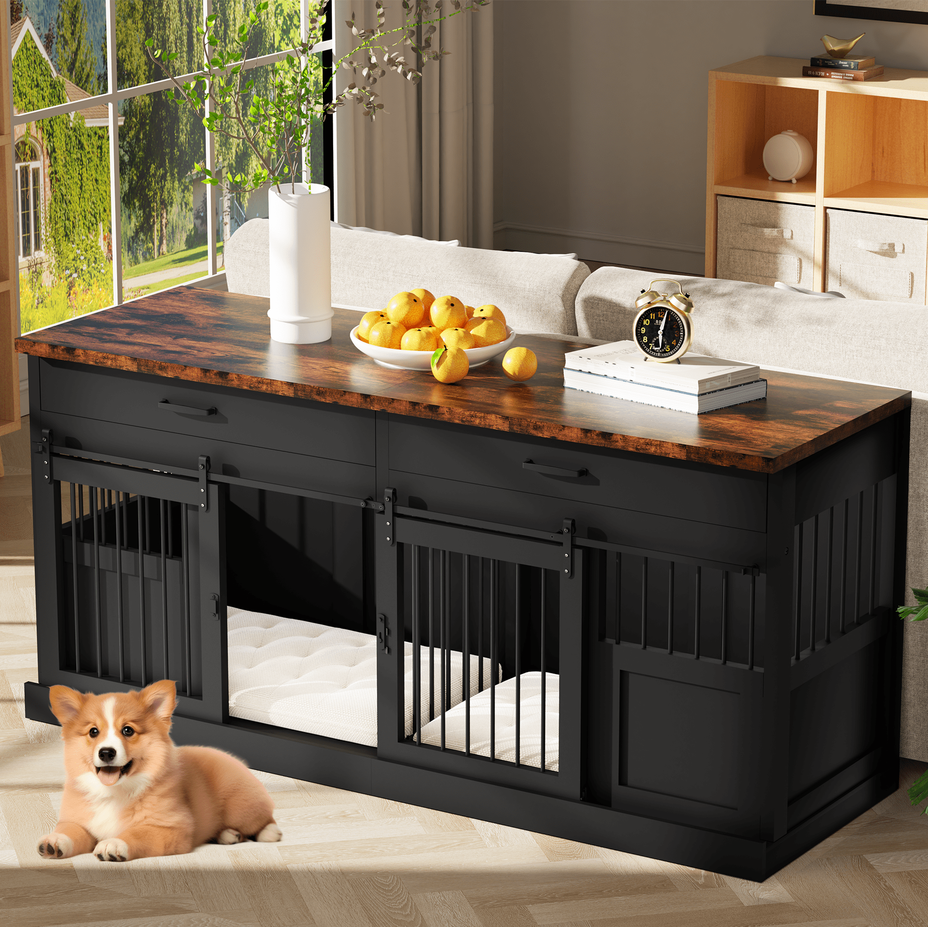 70.9" Large Double Dog Crate Furniture with Divider and 2 Drawers for 2 ...