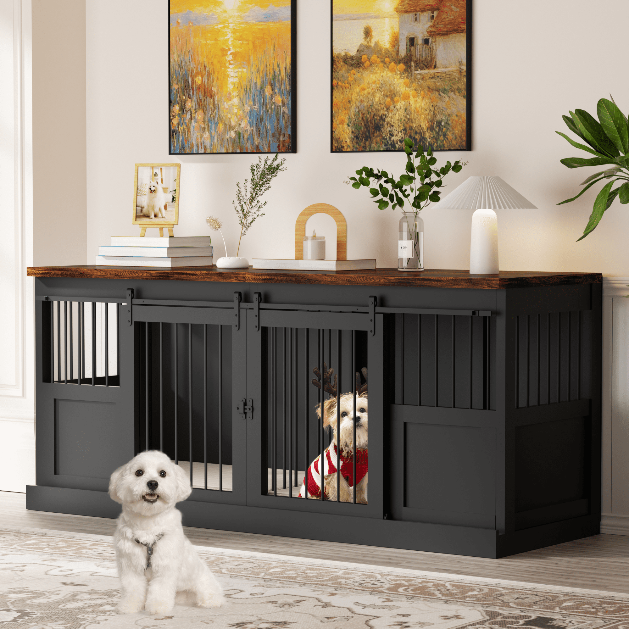 70.9'' Large Double Dog Crate Kennel Furniture with Divider for 2 ...