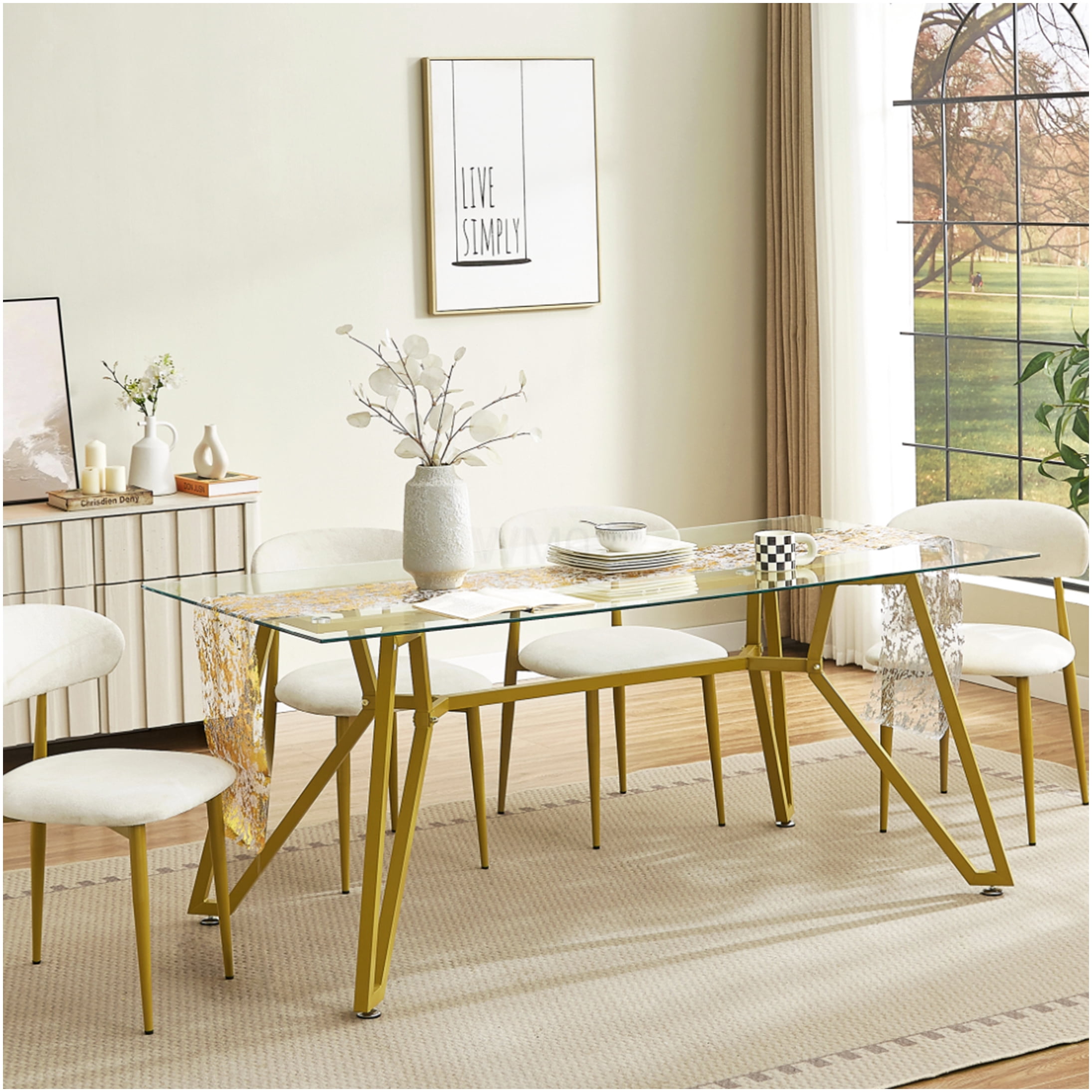 70.9" Modern Rectangular Glass Dining Table with Gold Metal Legs for ...