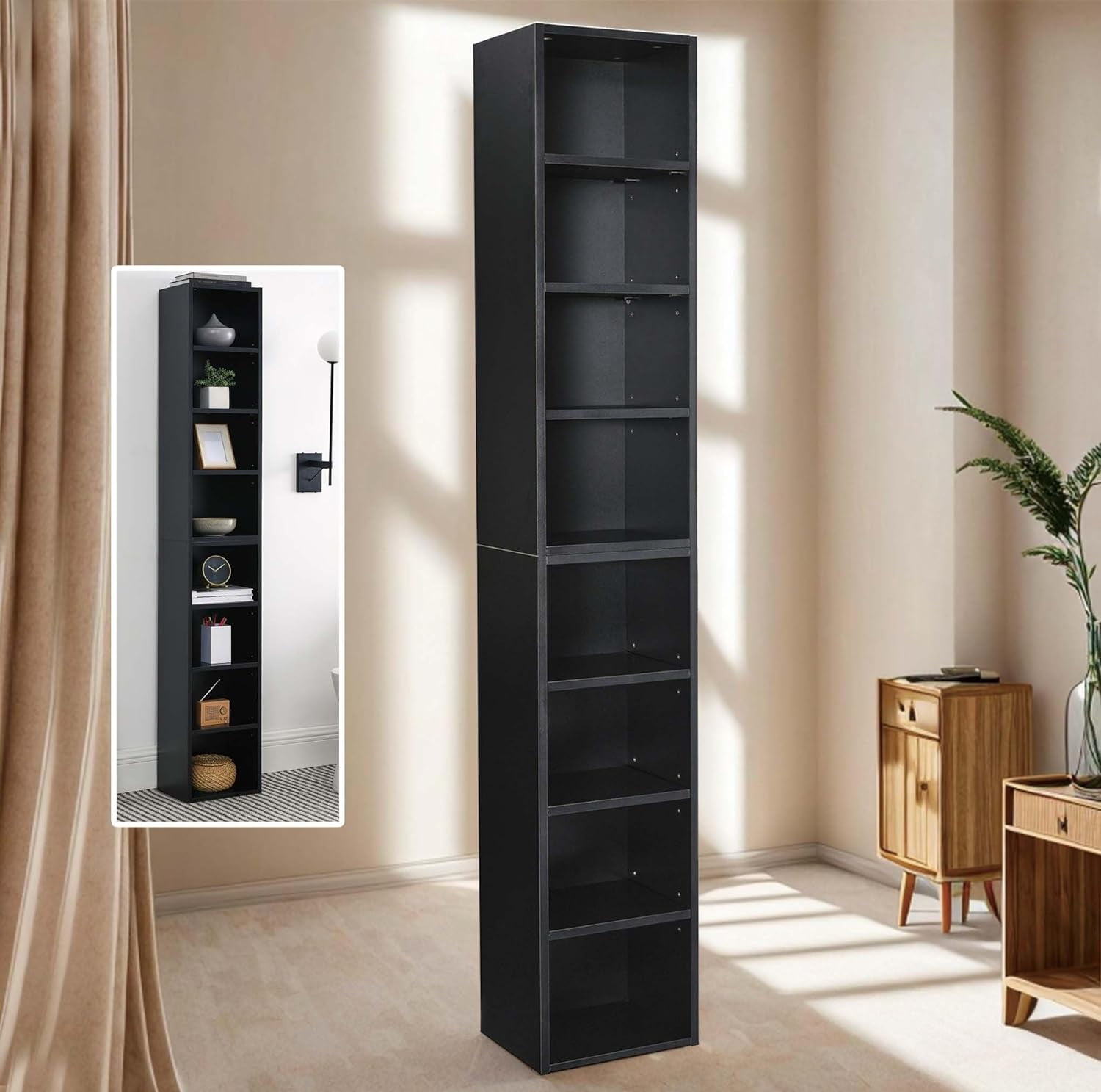 70.9" Slim Black Bookshelf, 8-Shelf Tall Narrow Display Bookcase ...