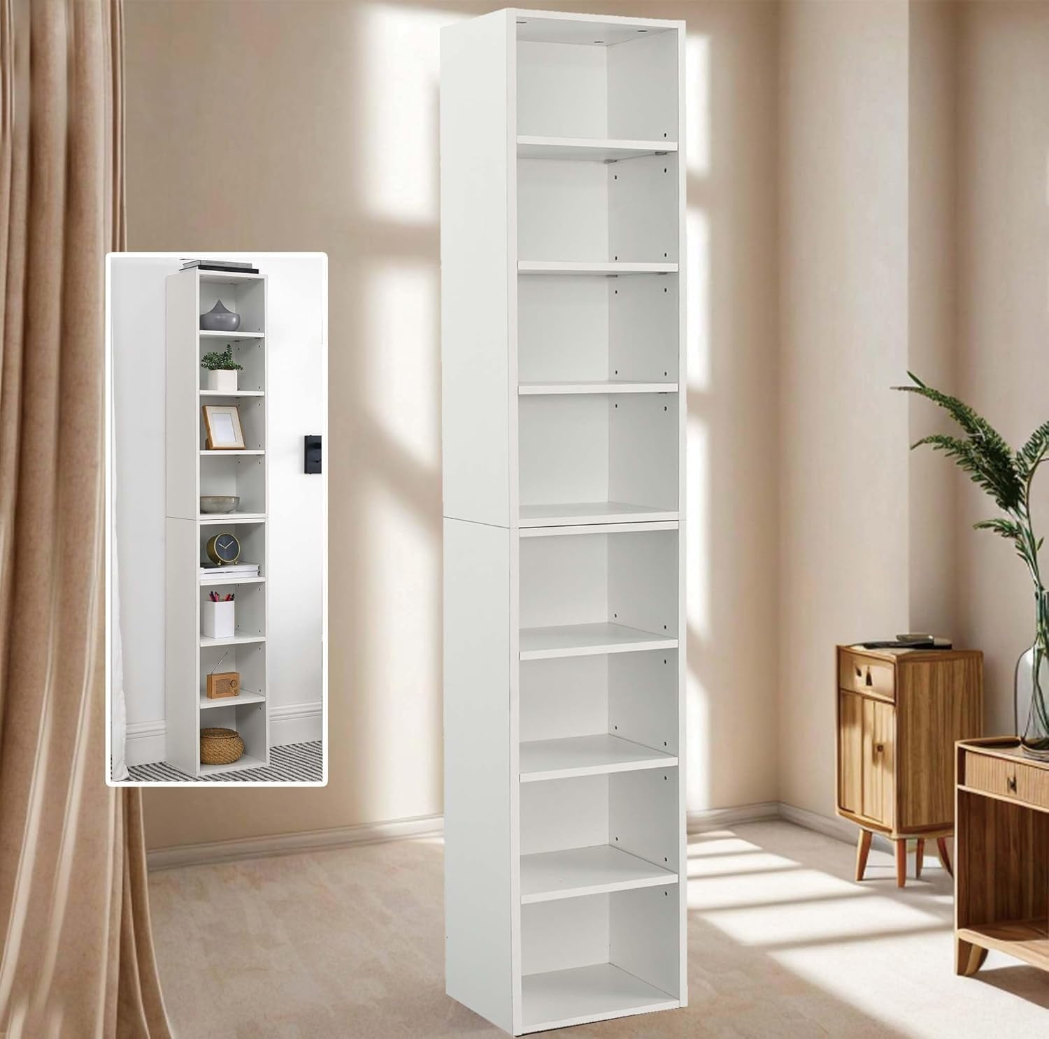 70.9" Slim White Bookshelf, 8-Shelf Tall Narrow Display Bookcase ...