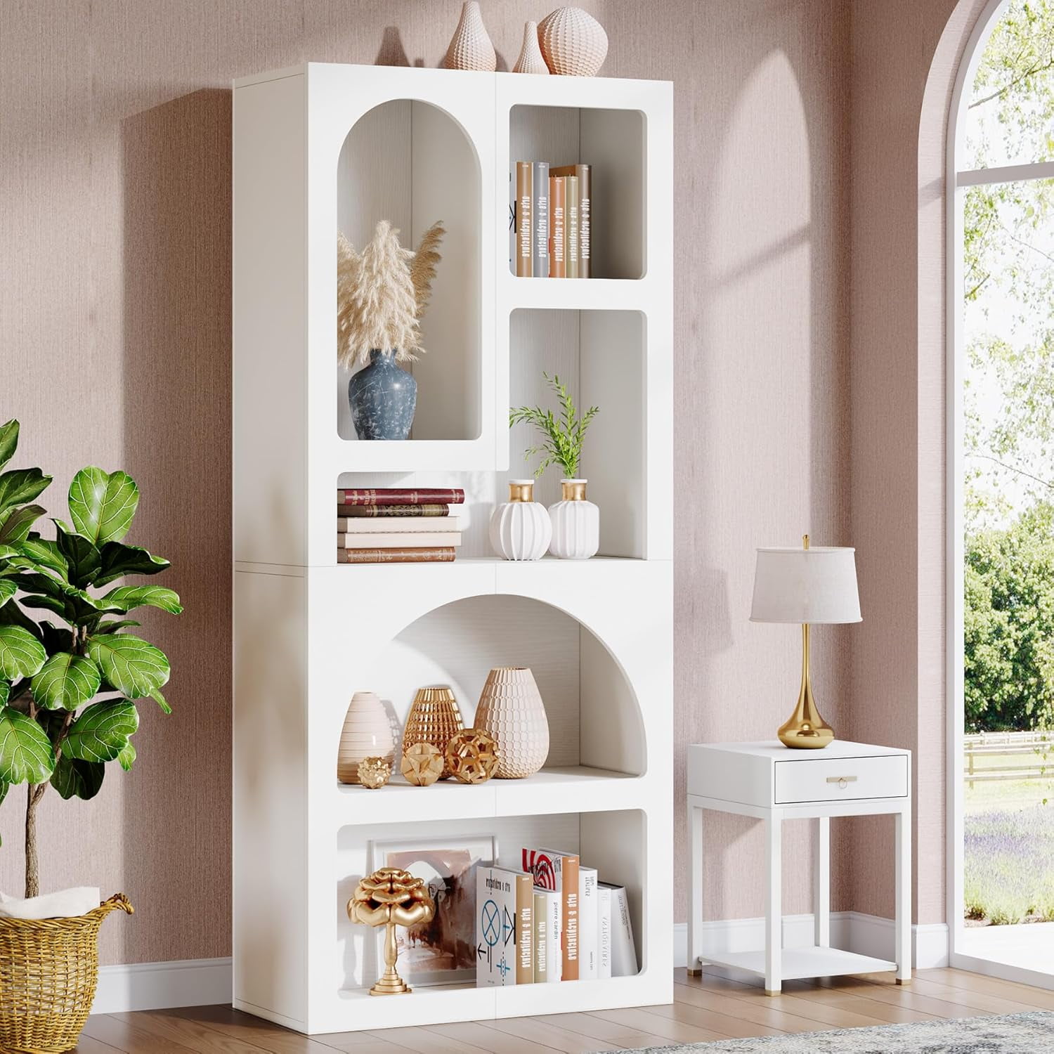 70.9" Tall Geometric Bookshelf, White Arched Bookcase with 5 Irregular ...