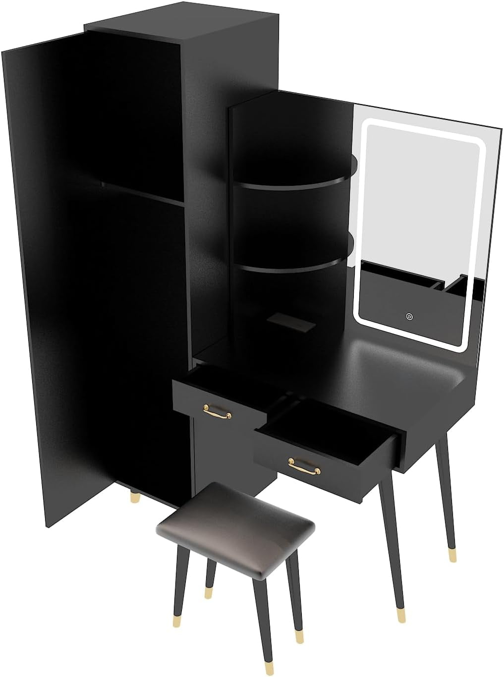 70.9" Tall Makeup Vanity Desk with Armoire Wardrobe Set, Black Vanity ...