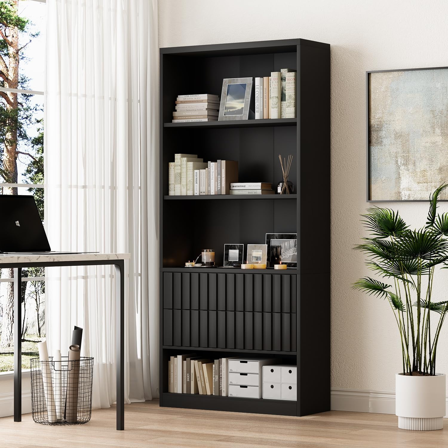 70.9" Tall Modern Bookcase with 2 Fluted Drawers and Adjustable Shelves ...