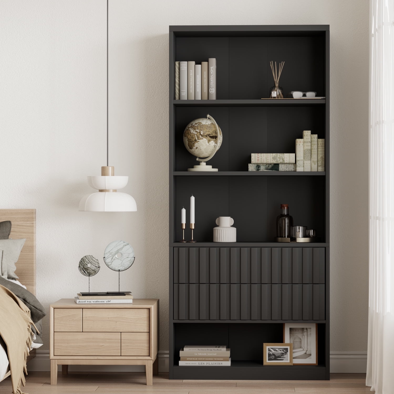 70.9" Tall Modern Bookcase with 2 Fluted Drawers and Adjustable Shelves ...