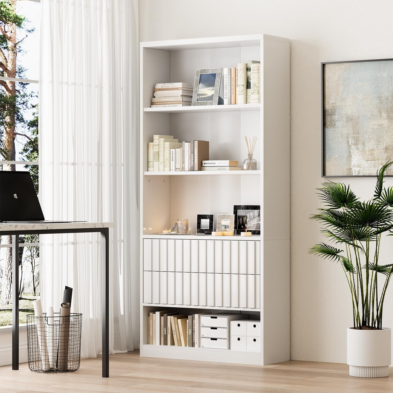 70.9" Tall Modern Bookcase with 2 Fluted Drawers and Adjustable Shelves ...