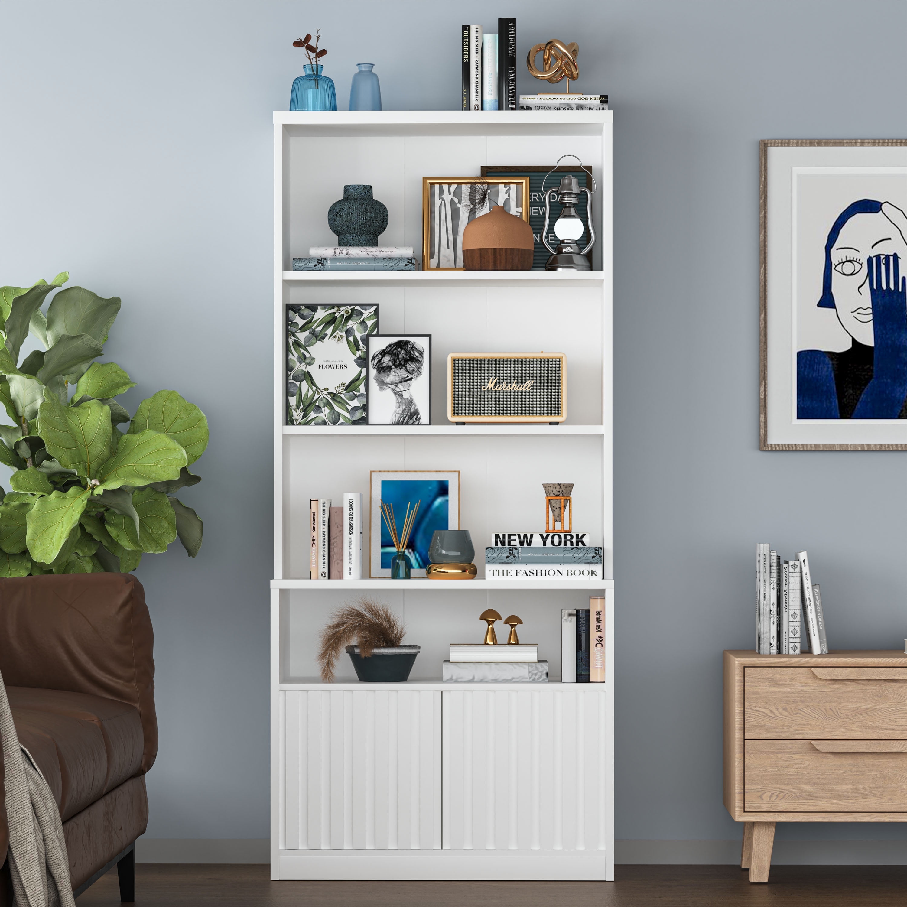 70.9" Tall Modern Bookshelves and Bookcase with Fluted Doors and ...