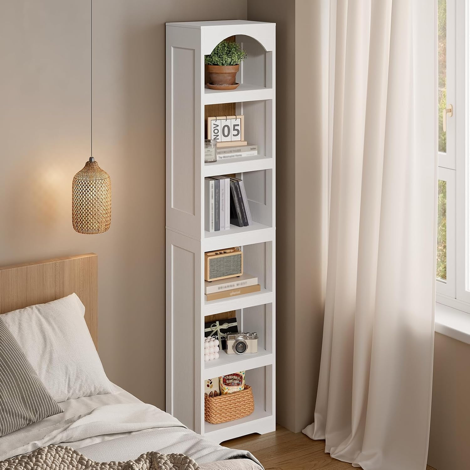 70.9" Tall Narrow Bookshelf, 6-Tier Arched Bookcase with Top Design ...