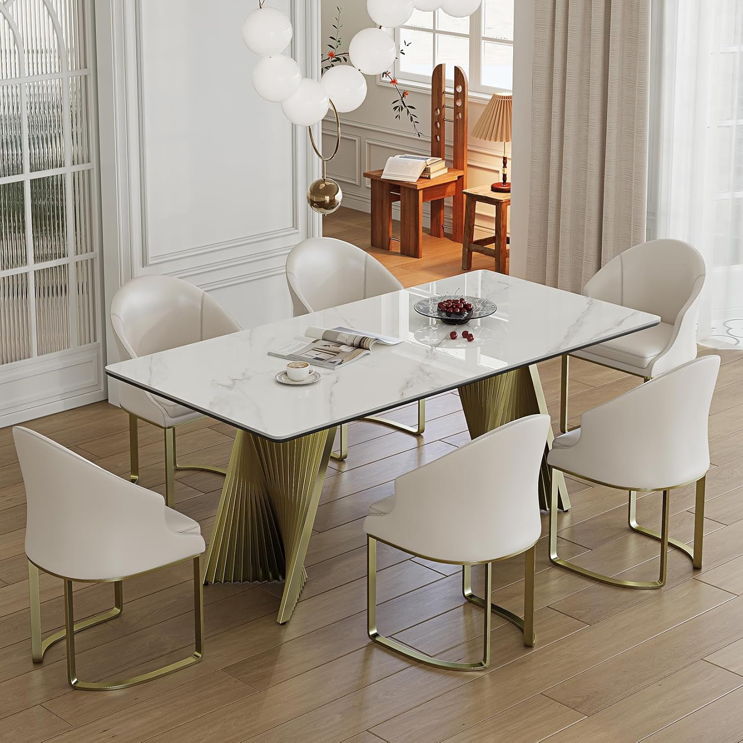 70.9" White Modern Dining Table Set w/ Steel Base & 6 Chairs | Space ...
